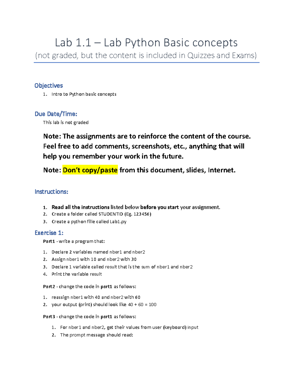 Lab 1-Python Intro - Lab 1 - Lab 1 – Lab Python Basic concepts (not ...