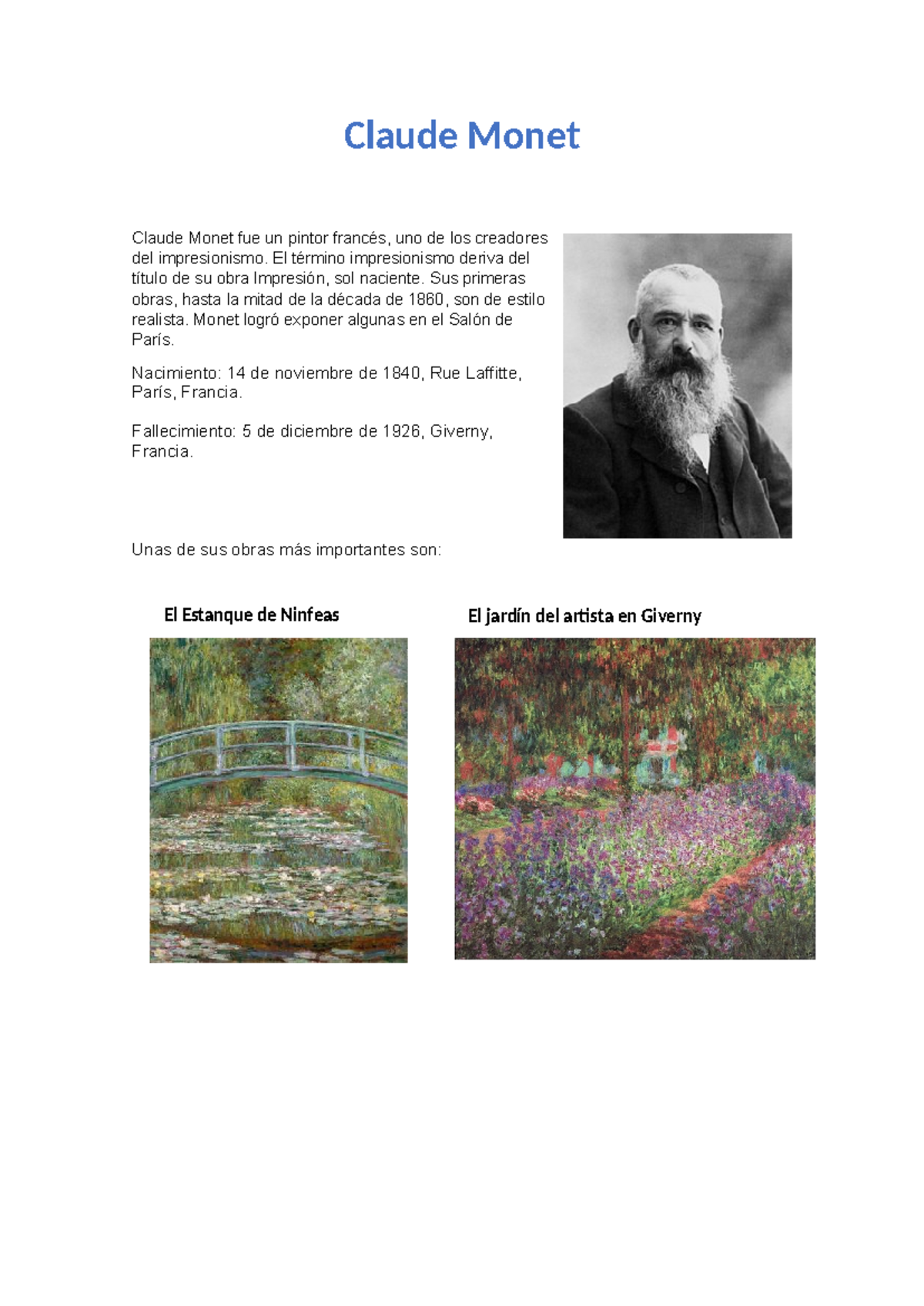 Claude Monet - Biografia - Claude Monet Claude Monet fue un pintor ...