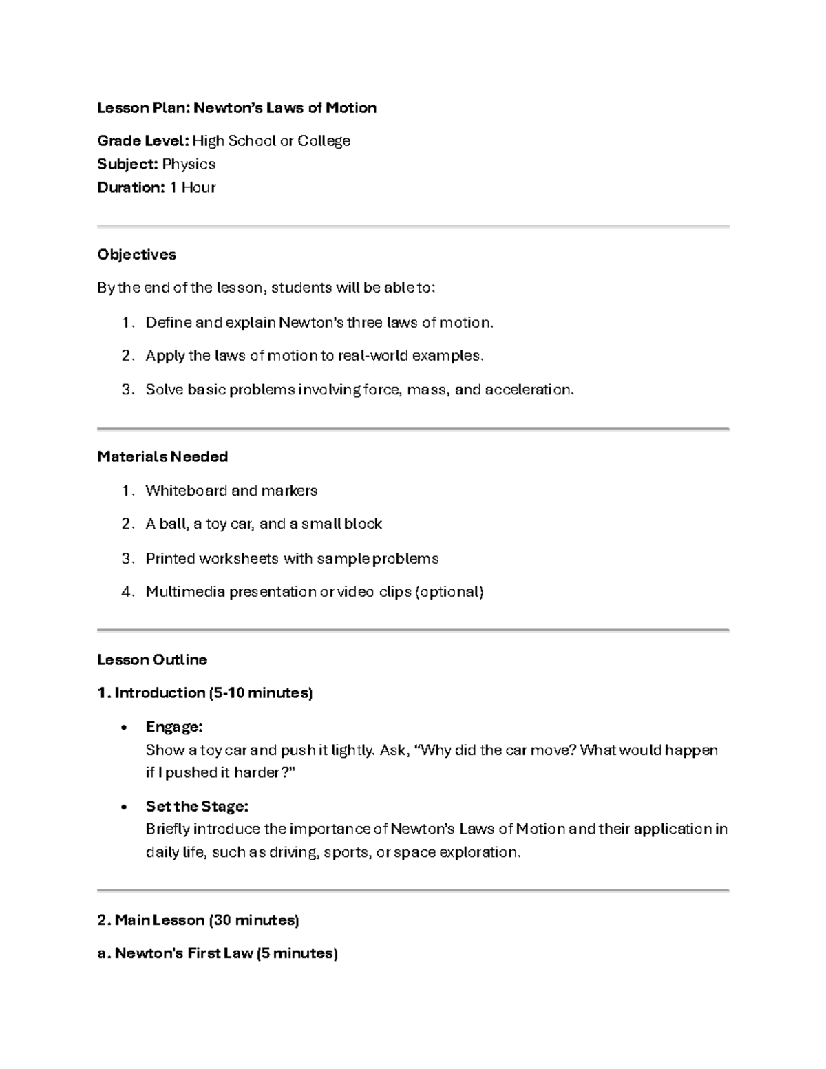 Brief intro to physics - Lesson Plan: Newton’s Laws of Motion Grade ...
