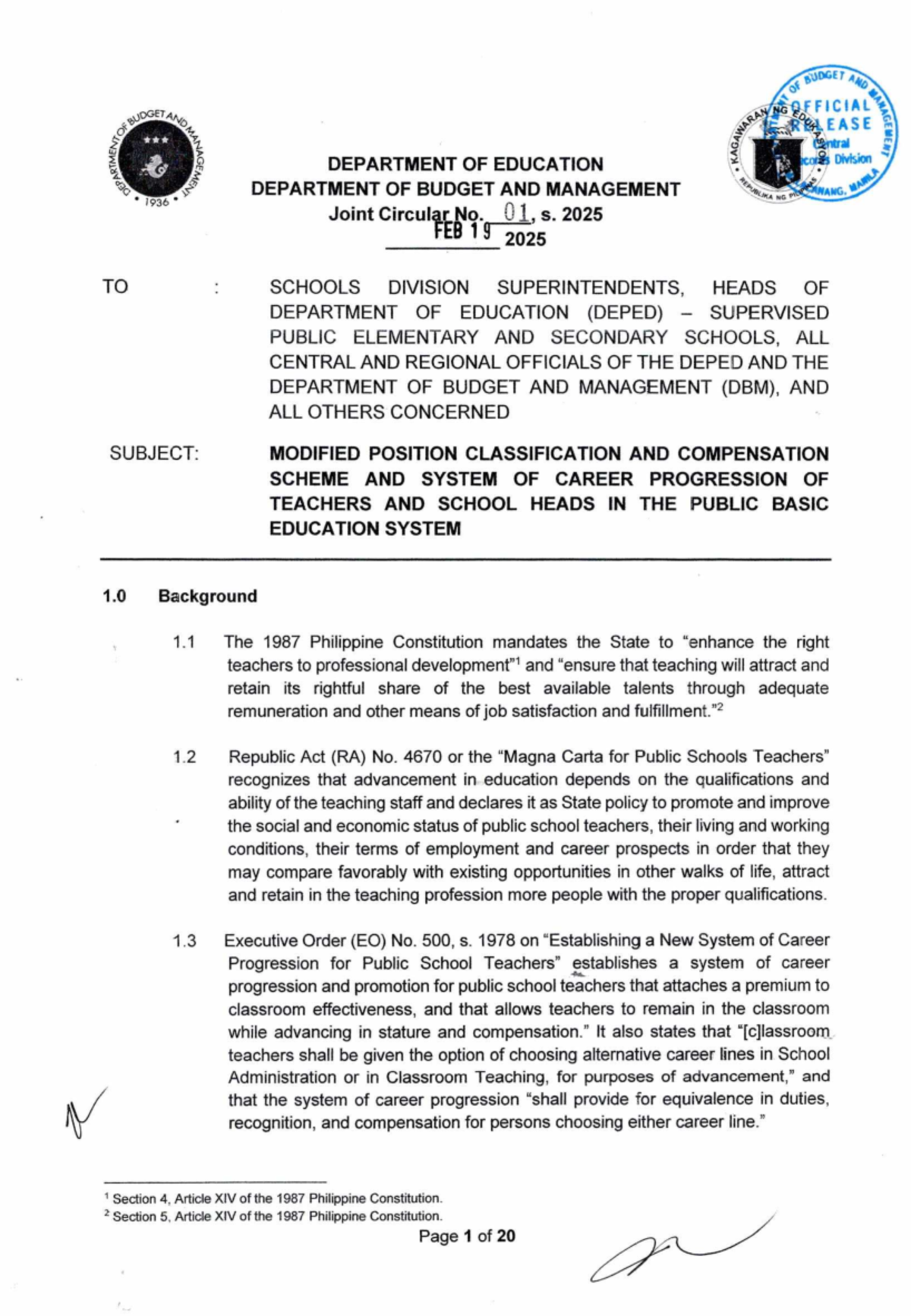DepEd-DBM Joint Circular No. 1, s. 2025: Teacher Classification ...
