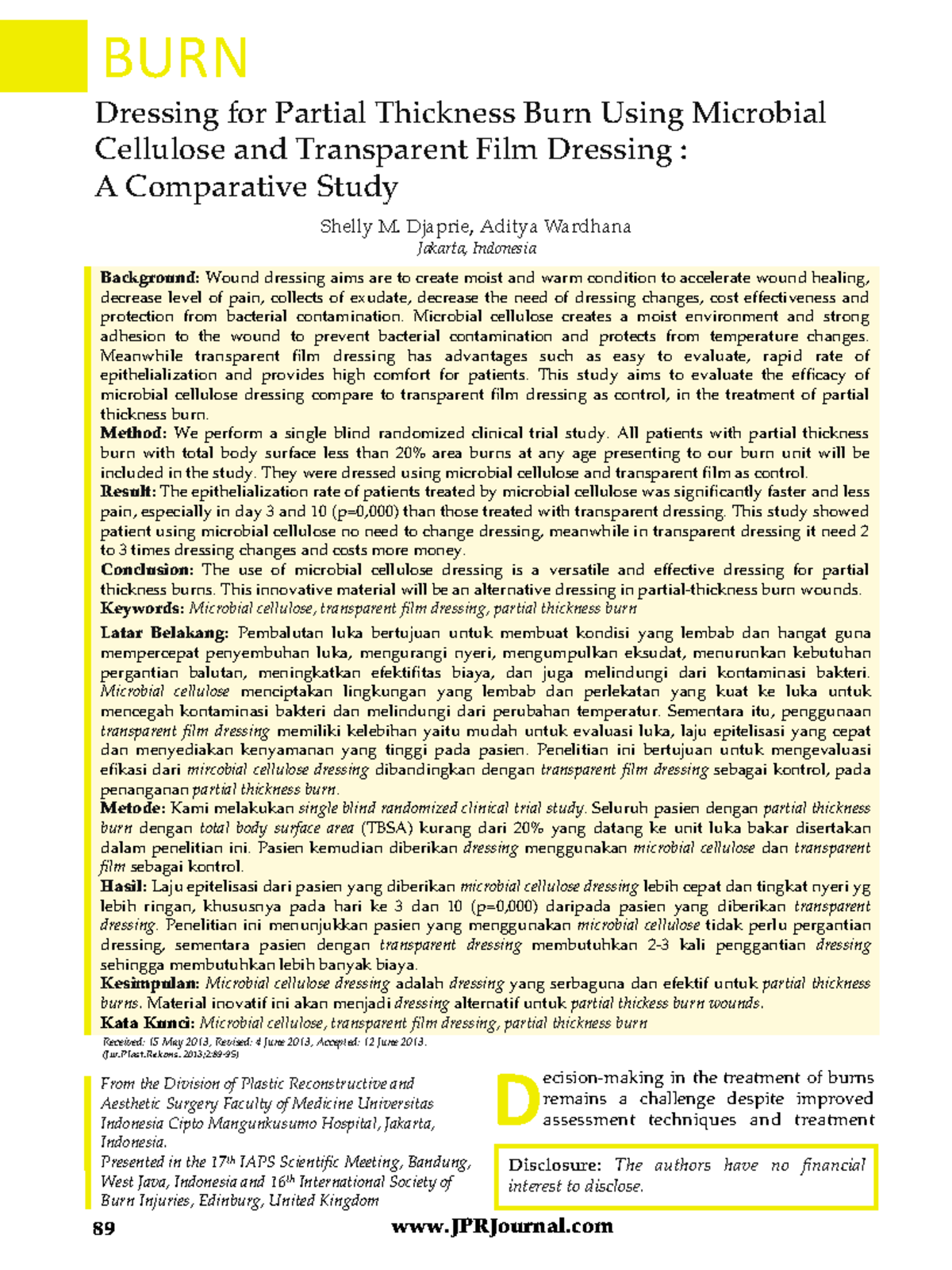 Dressing for Partial Thickness Burns: Microbial Cellulose vs. Film ...
