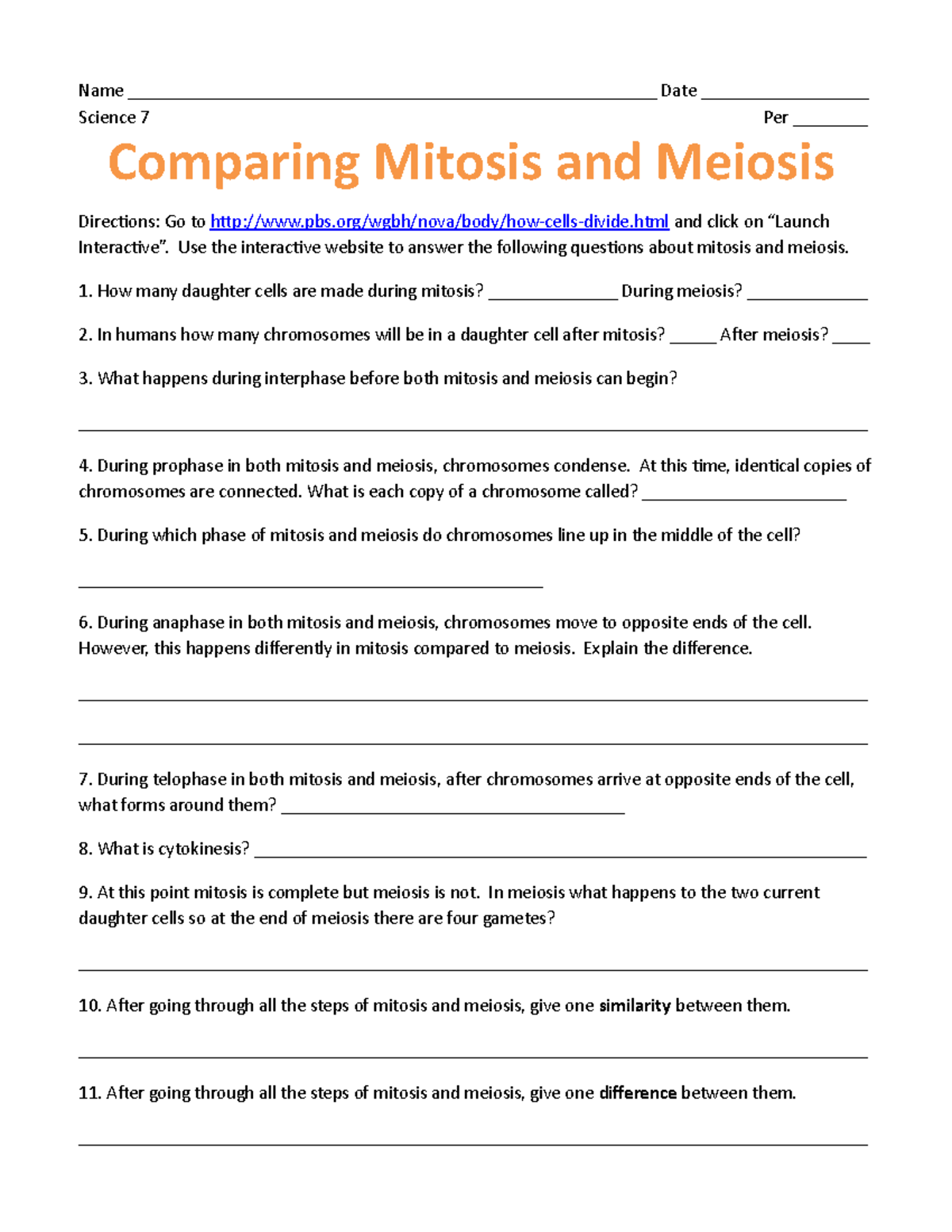 Science 7: Mitosis & Meiosis Interactive Study Guide - Studocu