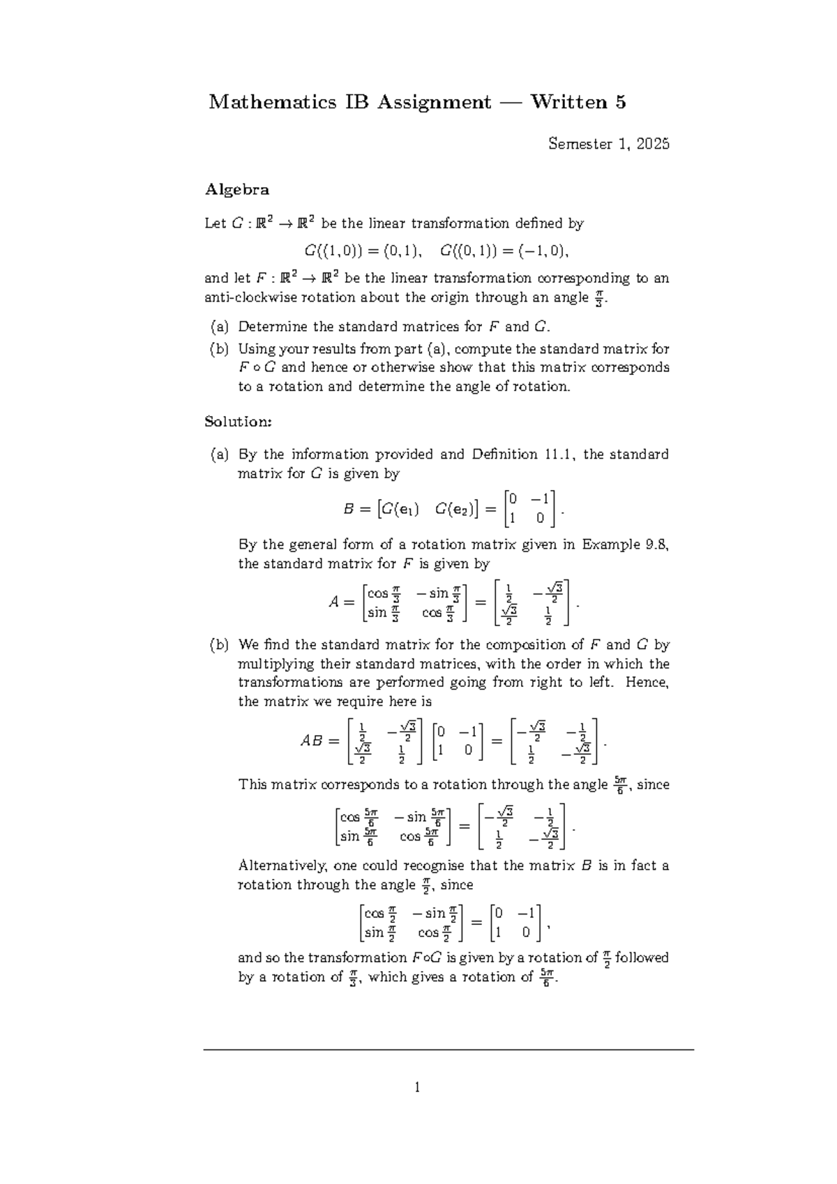 Mathematics IB 2025 S1 Assignment: Linear Transformations & Rotations ...