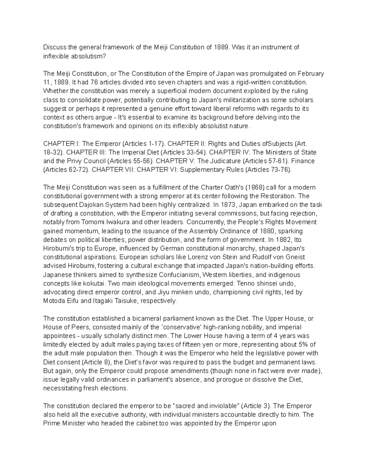 Meiji Constitution of 1889: An Analysis of Absolutism and Reform - Studocu