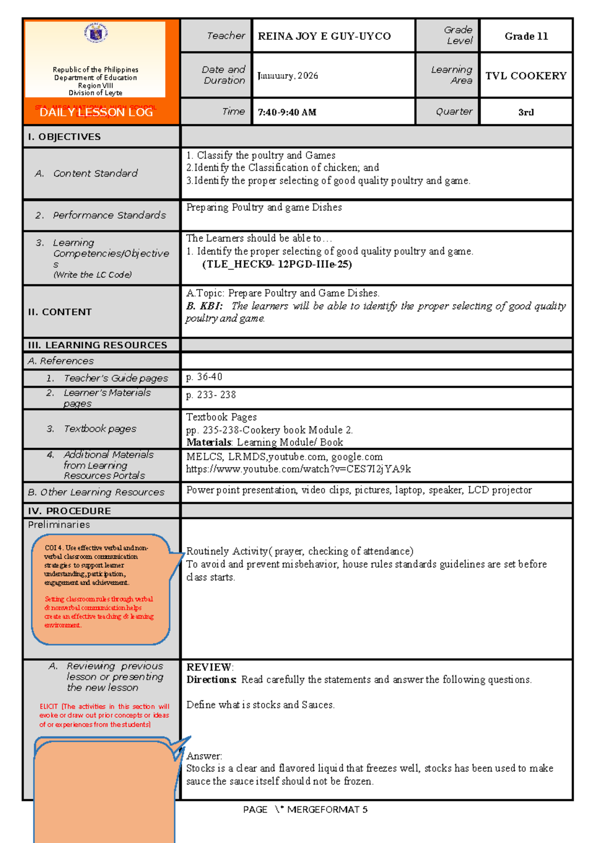 Grade 11 TVL Cookery Lesson Log: Preparing Poultry & Game Dishes - Studocu
