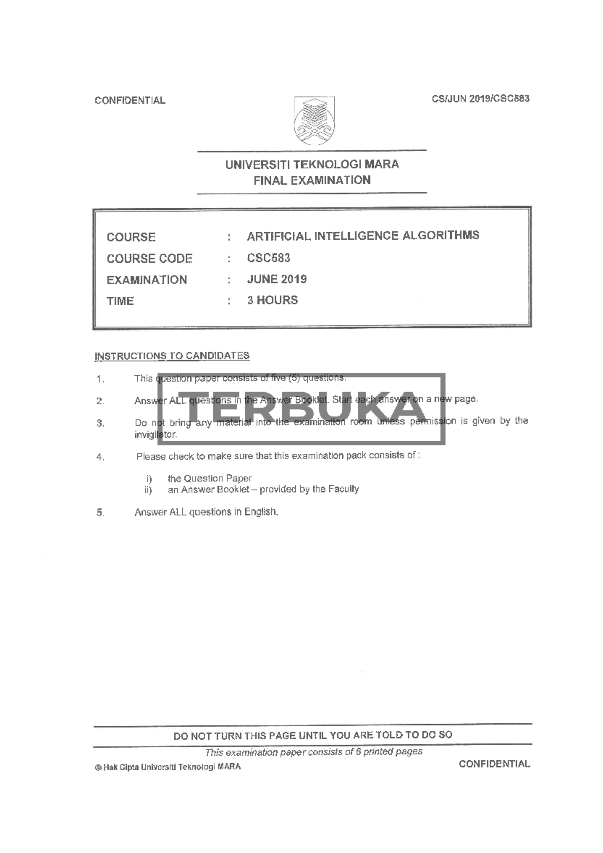 CSC583 Final Exam June 2019 - Artificial Intelligence Algorithms - Studocu