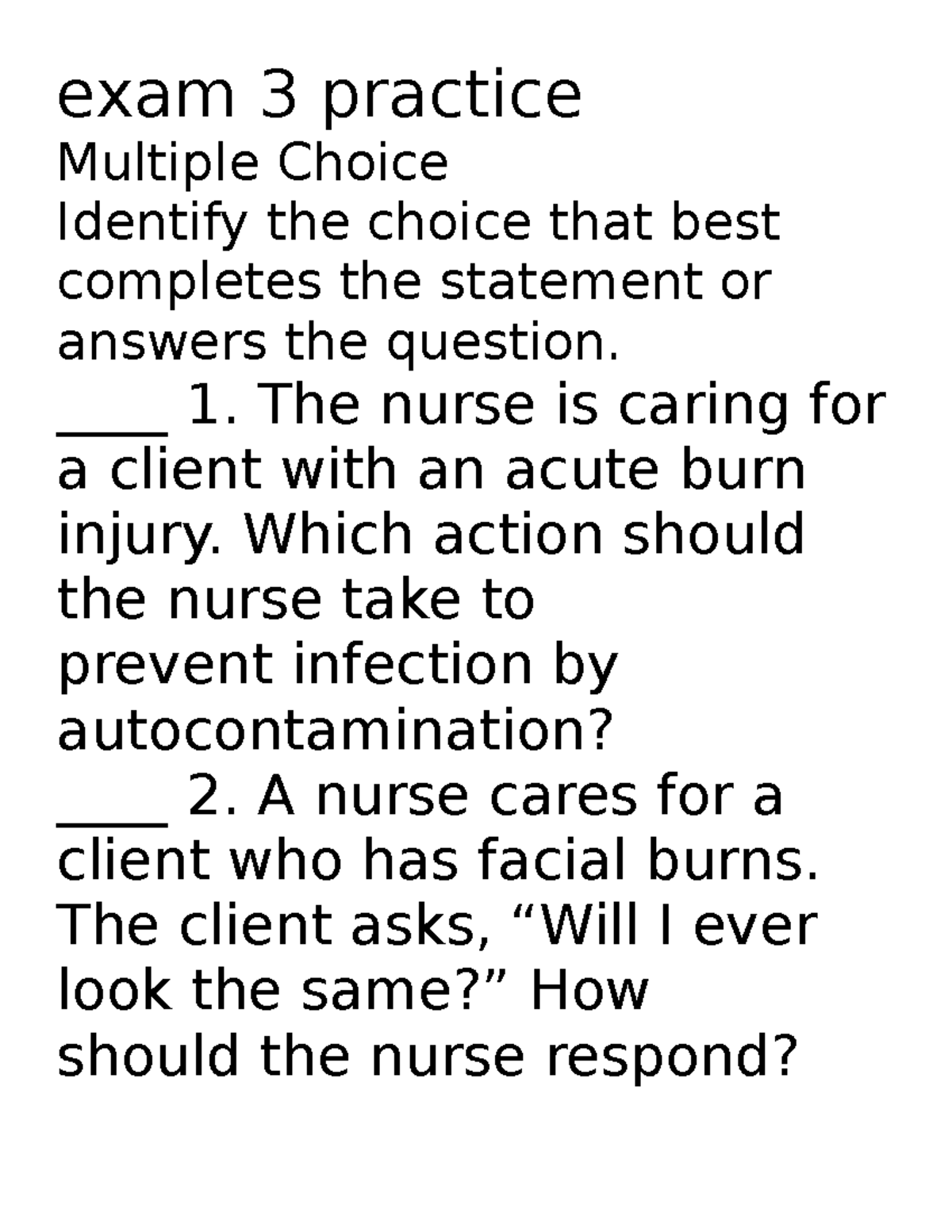 Exam 3 Practice Questions with Answers for Nursing Care - Studocu