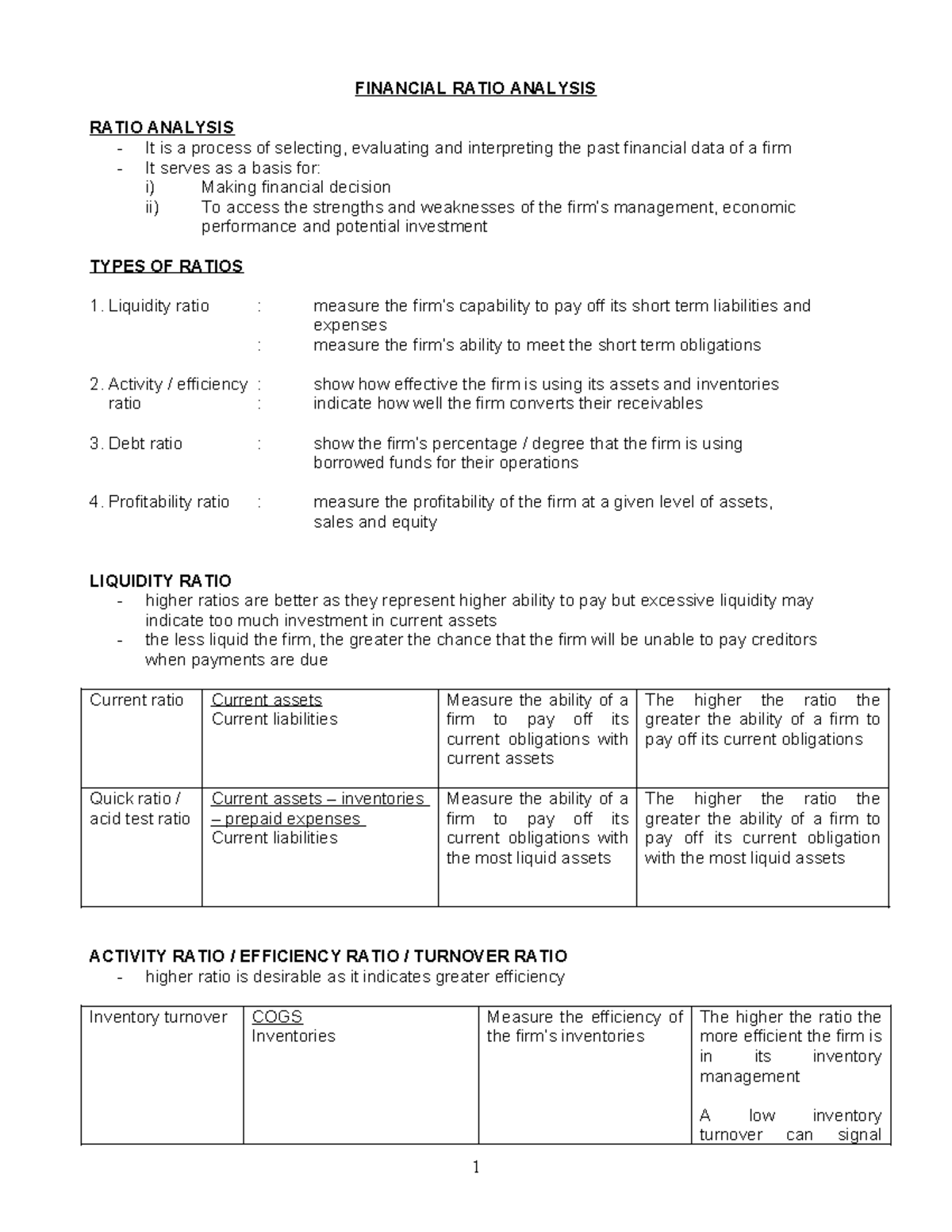FIN 101: Comprehensive Guide to Financial Ratio Analysis Notes - Studocu