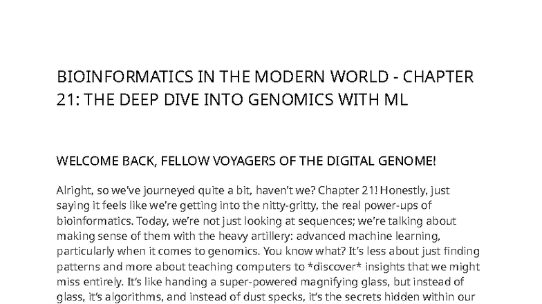 BIOINFORMATICS 101: CHAPTER 21 - DEEP DIVE INTO GENOMICS & ML - Studocu