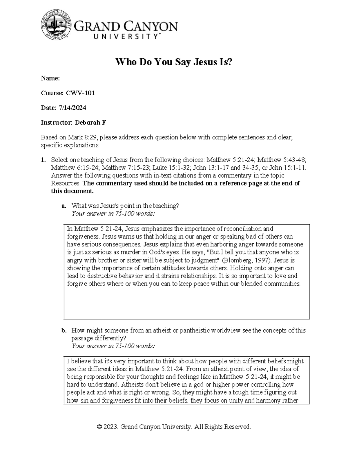 CWV-101 Final Exam: Understanding Jesus' Teachings and Nature - Studocu