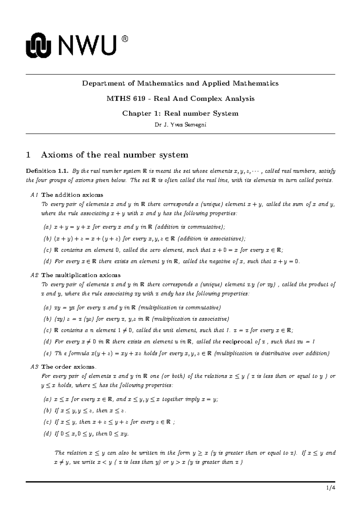 MTHS 619 Real & Complex Analysis: Chapter 1 - Real Number System - Studocu