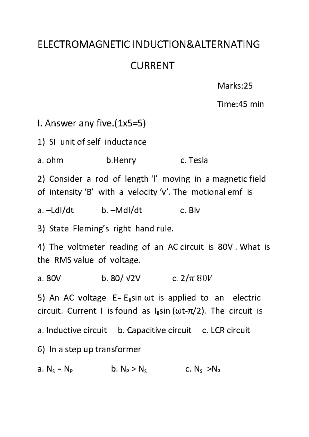 Electromagnetic Induction & Alternating Current Quiz - Course Code ...