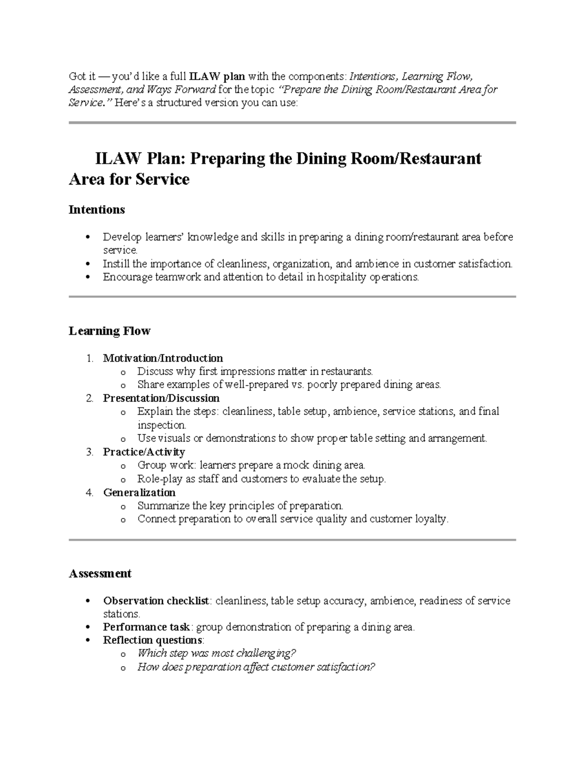 ILAW Plan: Preparing the Dining Area for Service (Lesson 1 FBS) - Studocu
