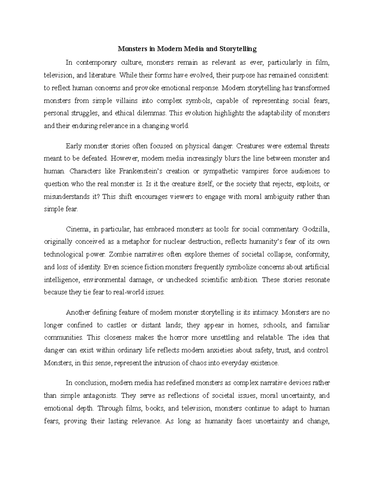 Monsters in Modern Media: Evolution and Cultural Reflection - Studocu