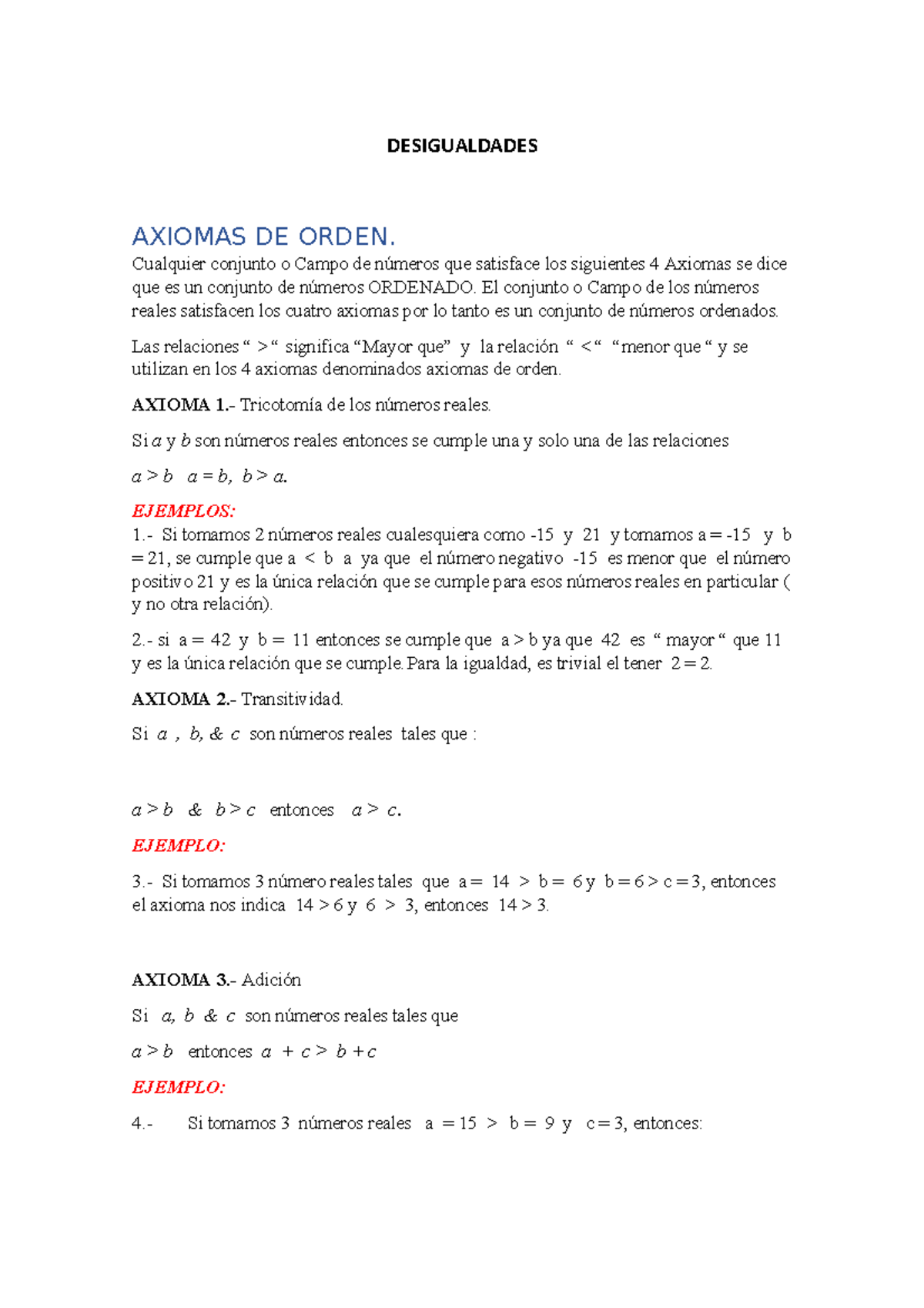 Axiomas de Orden y Desigualdades en Números Reales - Matemáticas - Studocu