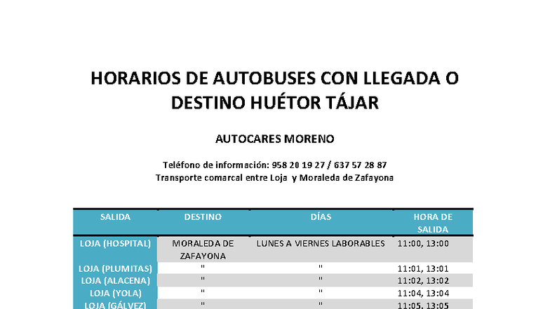 Horarios de Autobuses: Huétor Tajar 2024 - Autocares Moreno - Studocu