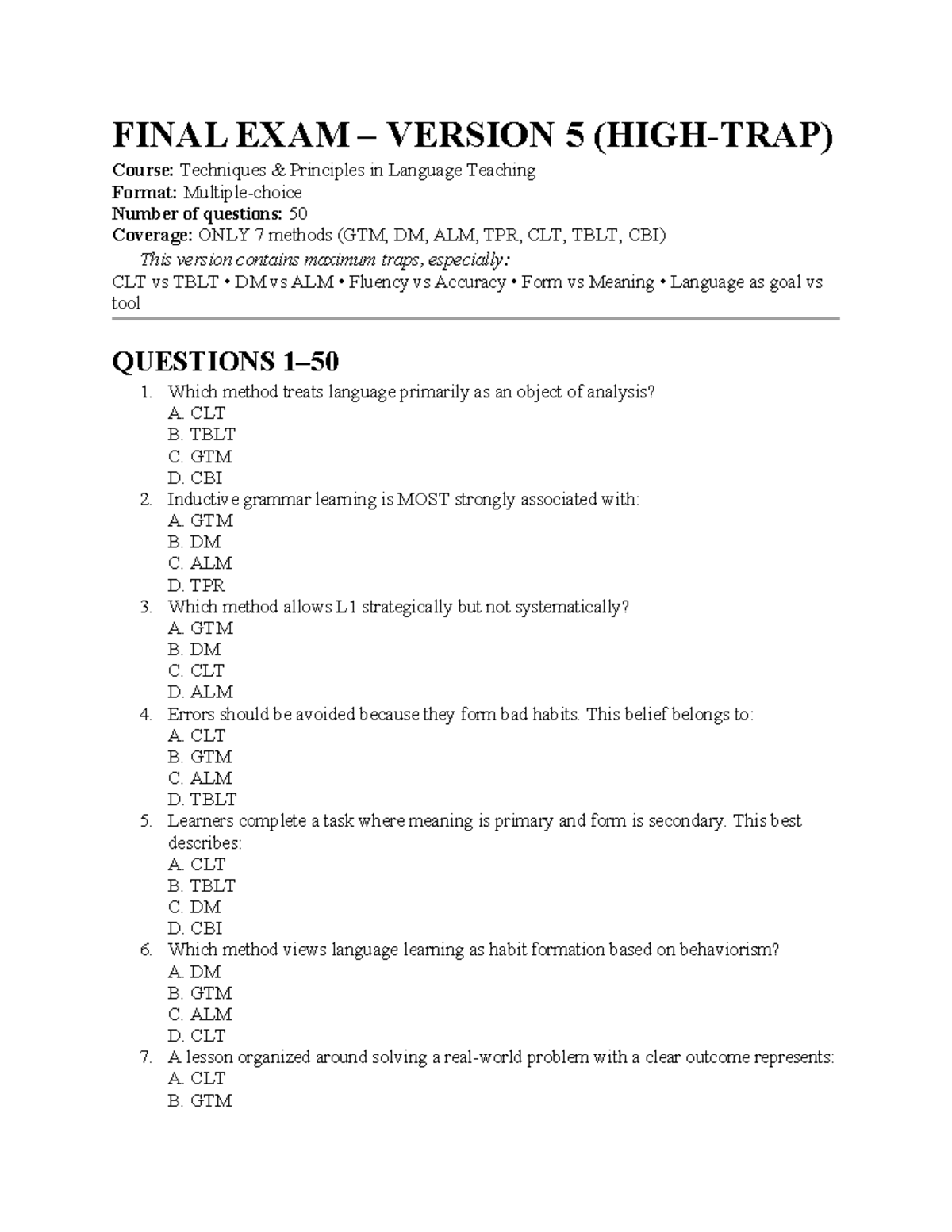 FINAL EXAM VERSION 5: Techniques Principles in Language Teaching - Studocu