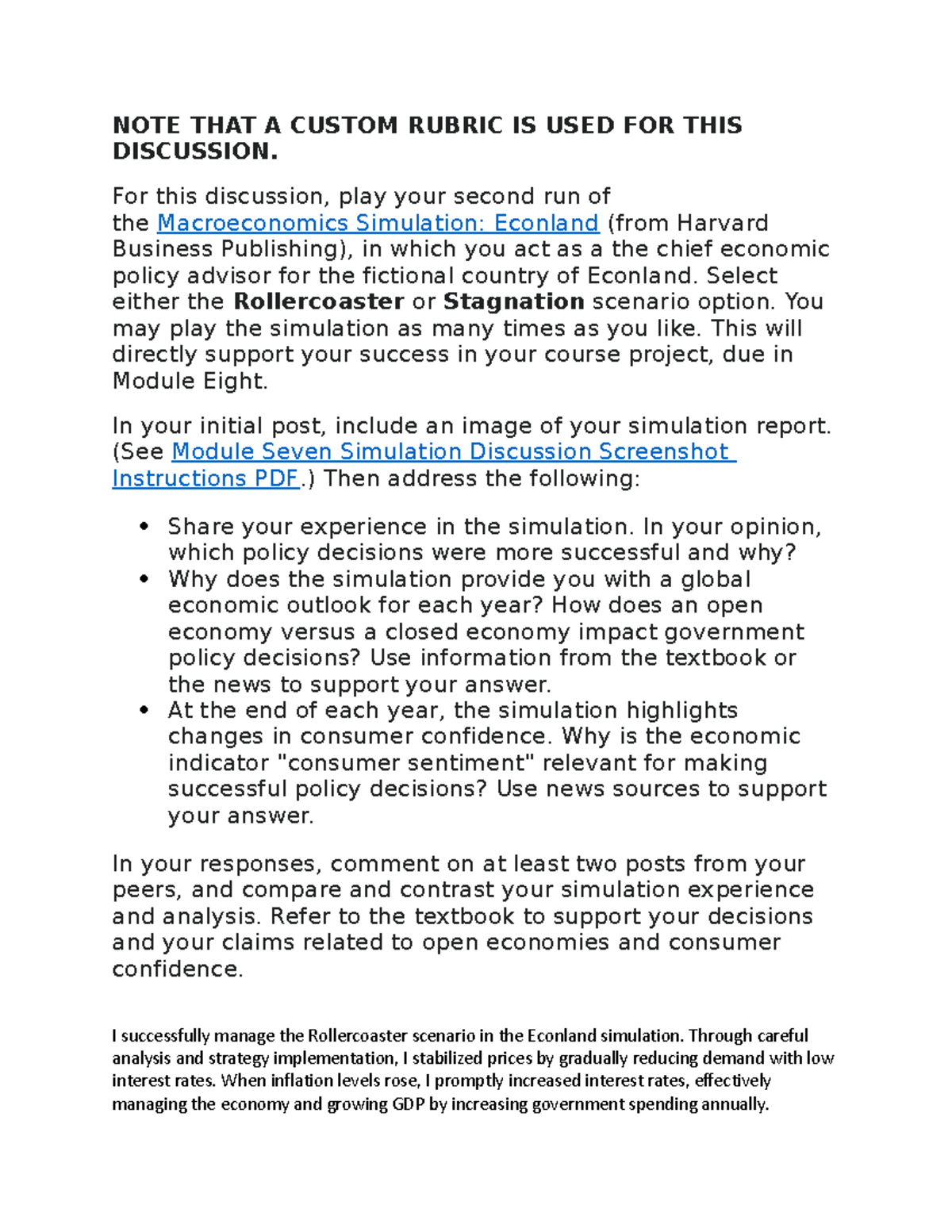 7-2 Econland Simulation Discussion: Rollercoaster Scenario Insights ...