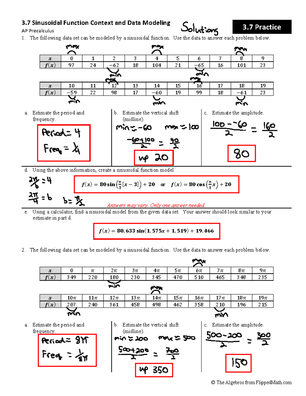 3.7 Sinusoidal Function Context and Data Modeling Practice AP ...