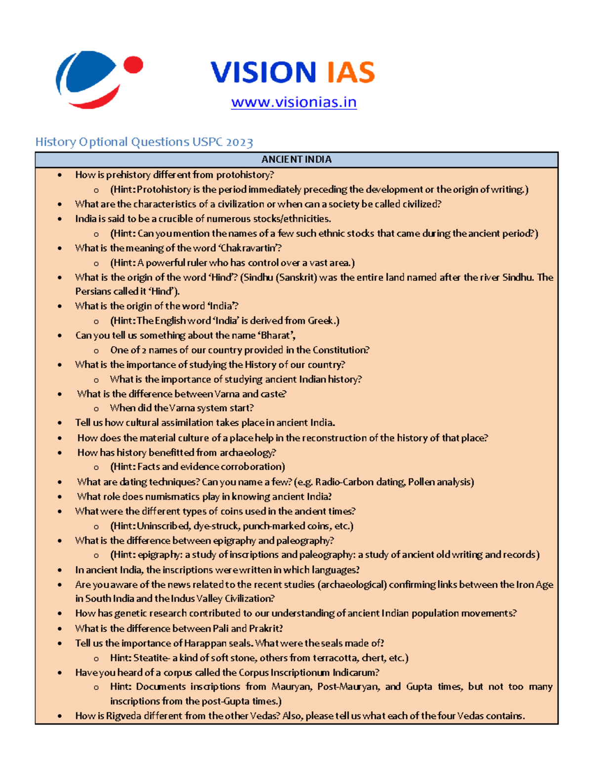 History Optional Questions USPC 2023: Ancient India Insights - Studocu