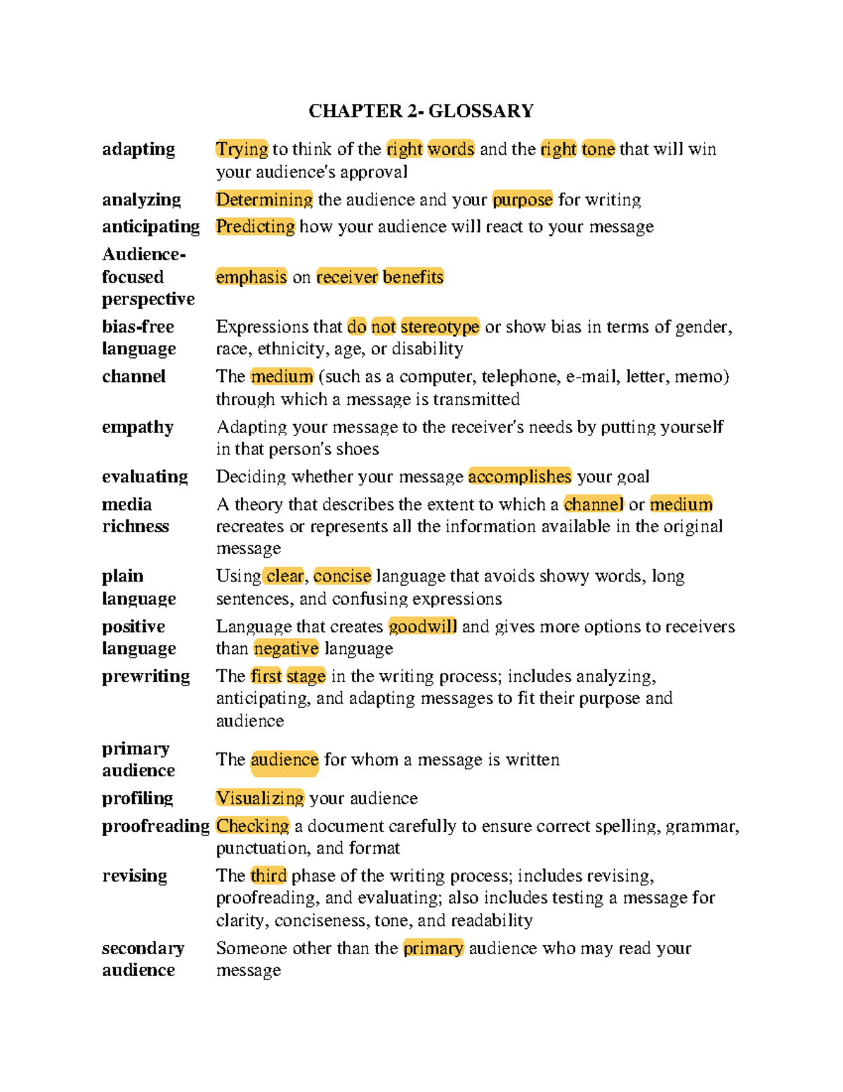 CHAPTER 2 GLOSSARY: Key Terms for Effective Communication - Studocu