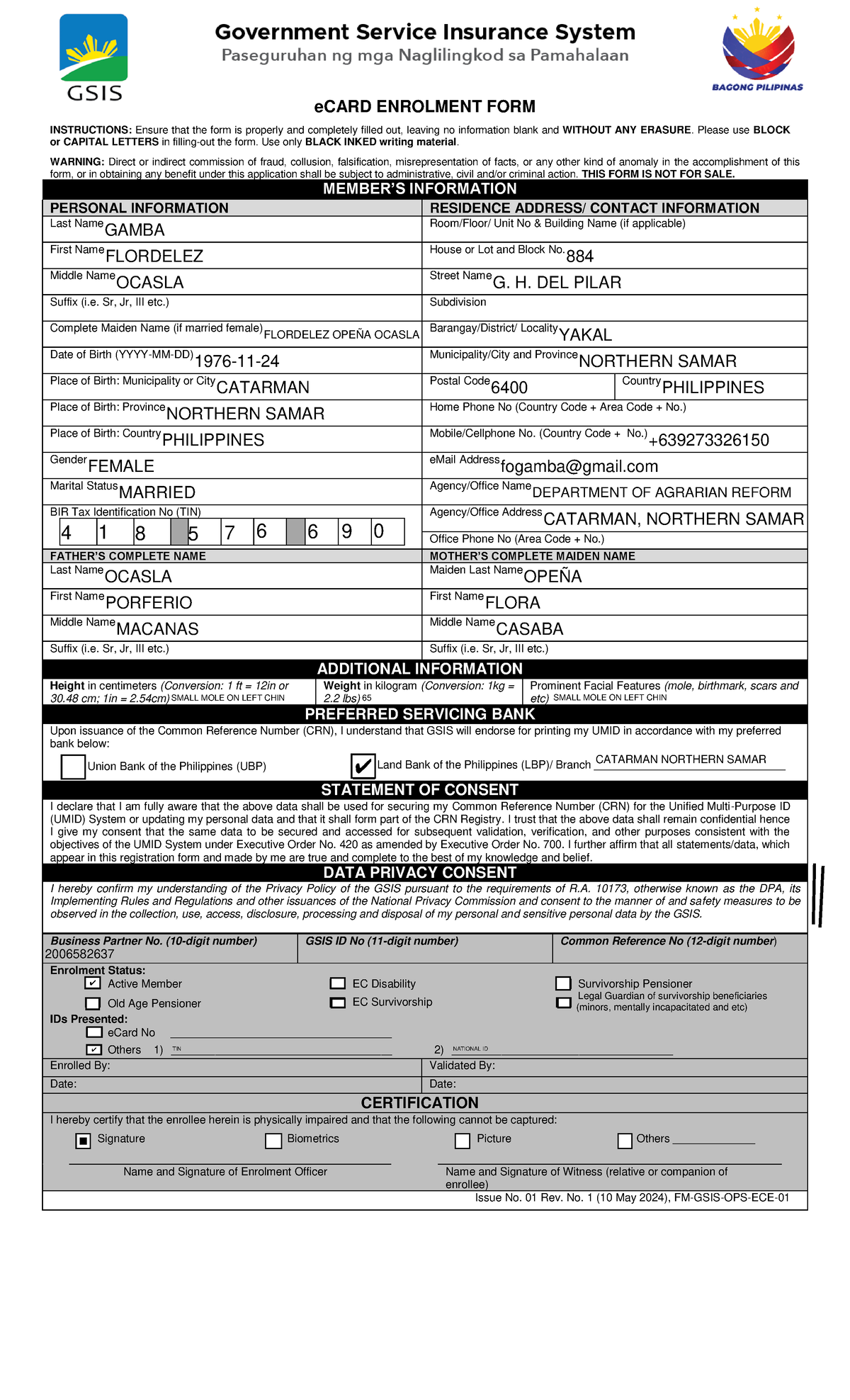 GSIS Ecard Enrollment FORM - eCARD ENROLMENT FORM INSTRUCTIONS: Ensure ...