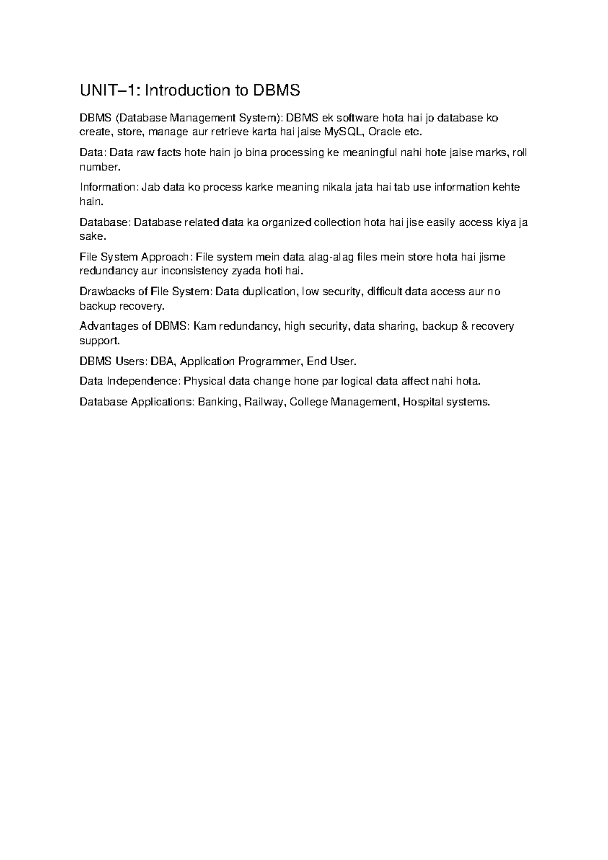 AKTU DBMS 5th Sem Unit Wise Short Notes: Key Concepts & Definitions ...