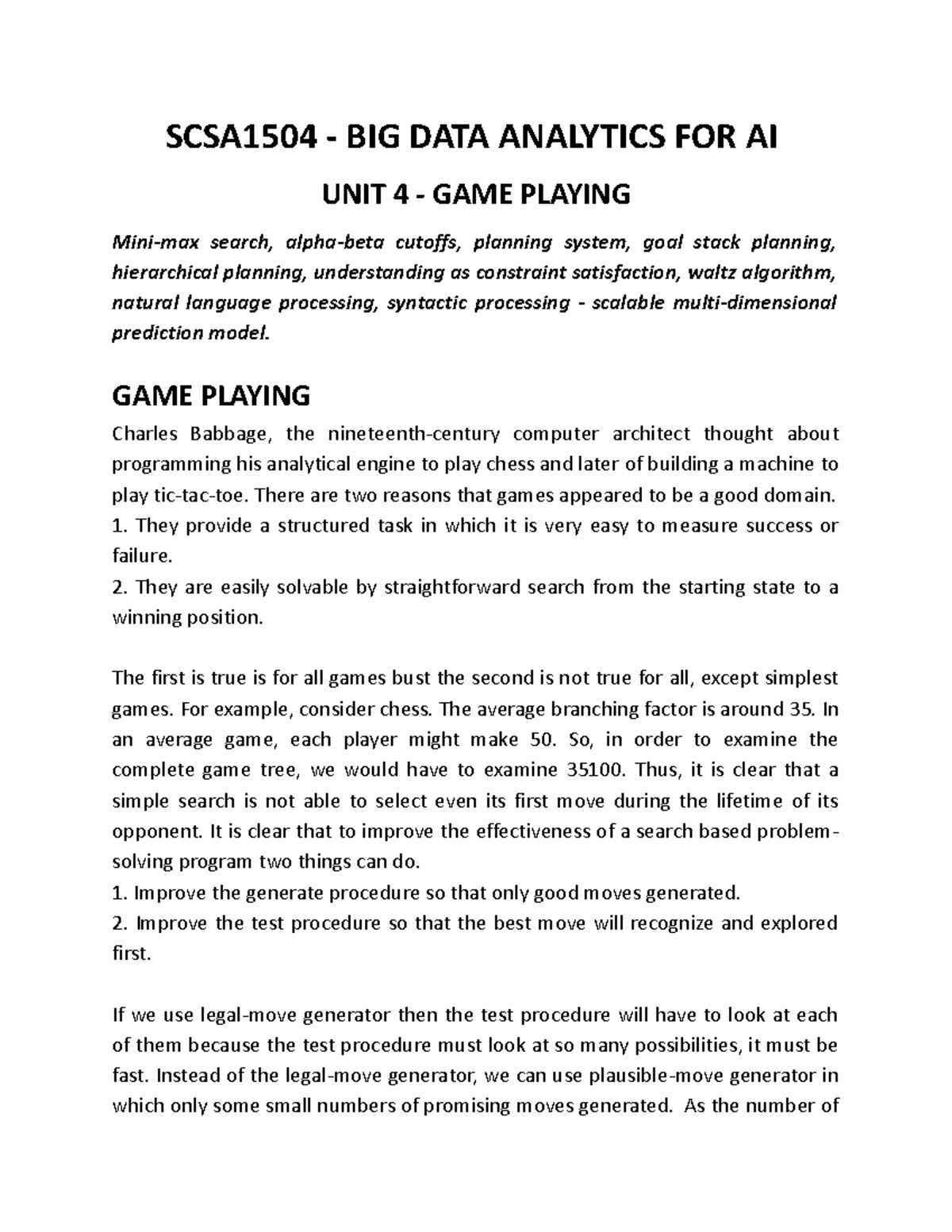 SCSA1504 - Big Data Analytics for AI: Unit 4 Game Playing Notes - Studocu