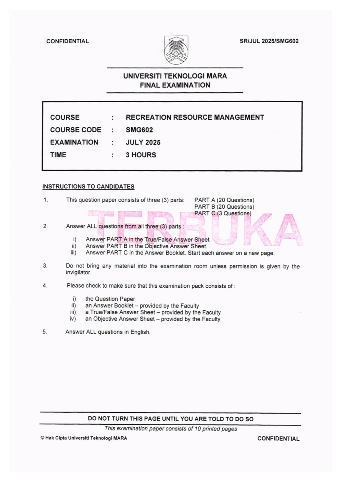 Recreation Resource Management Final Exam SMG6O2 July 2025 - Studocu