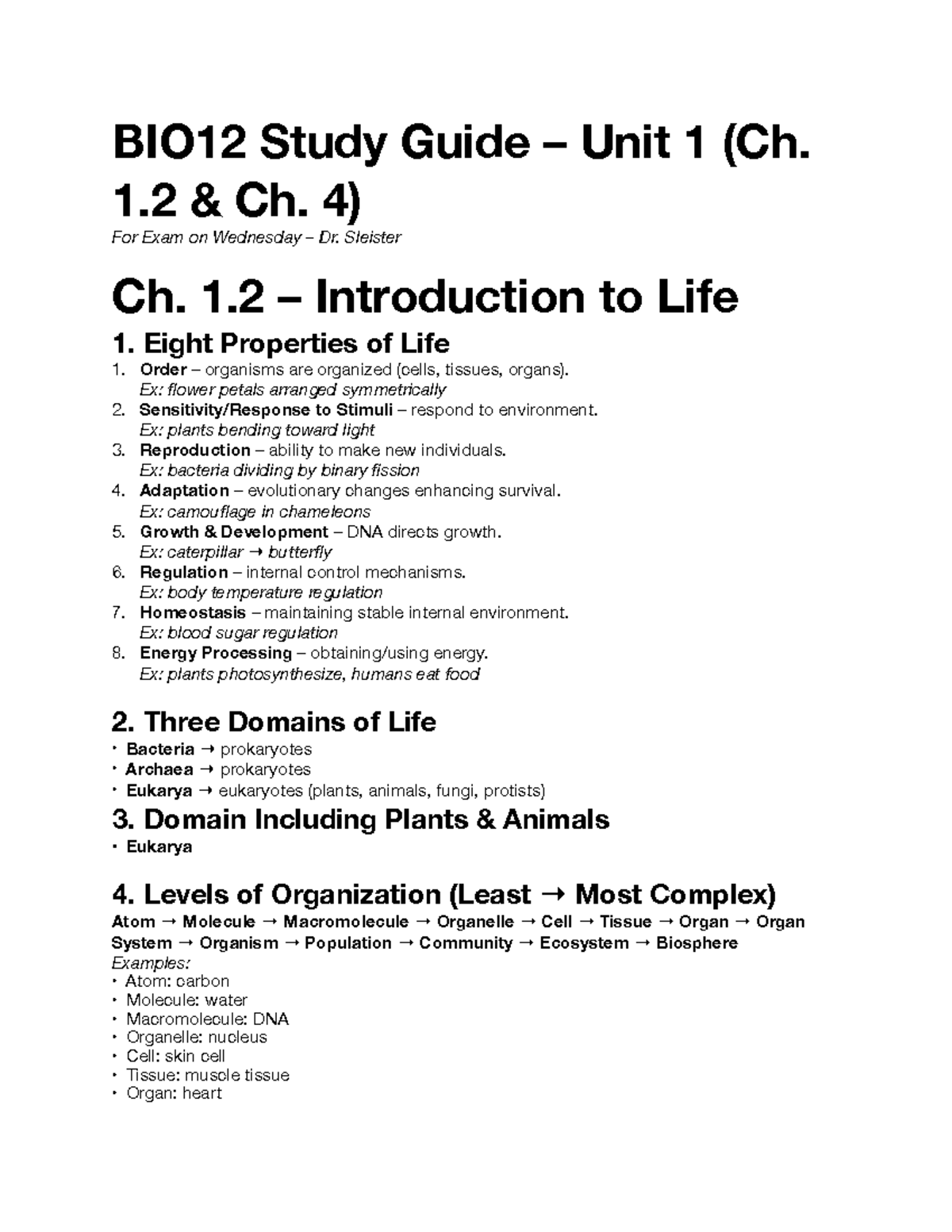 BIO12 Study Guide: Unit 1 (Ch. 1.2 & Ch. 4) for Final Exam Review - Studocu