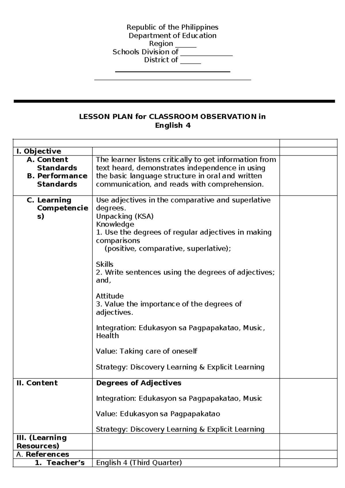 CO Lesson Plan: Teaching Degrees of Adjectives in English 4 - Studocu
