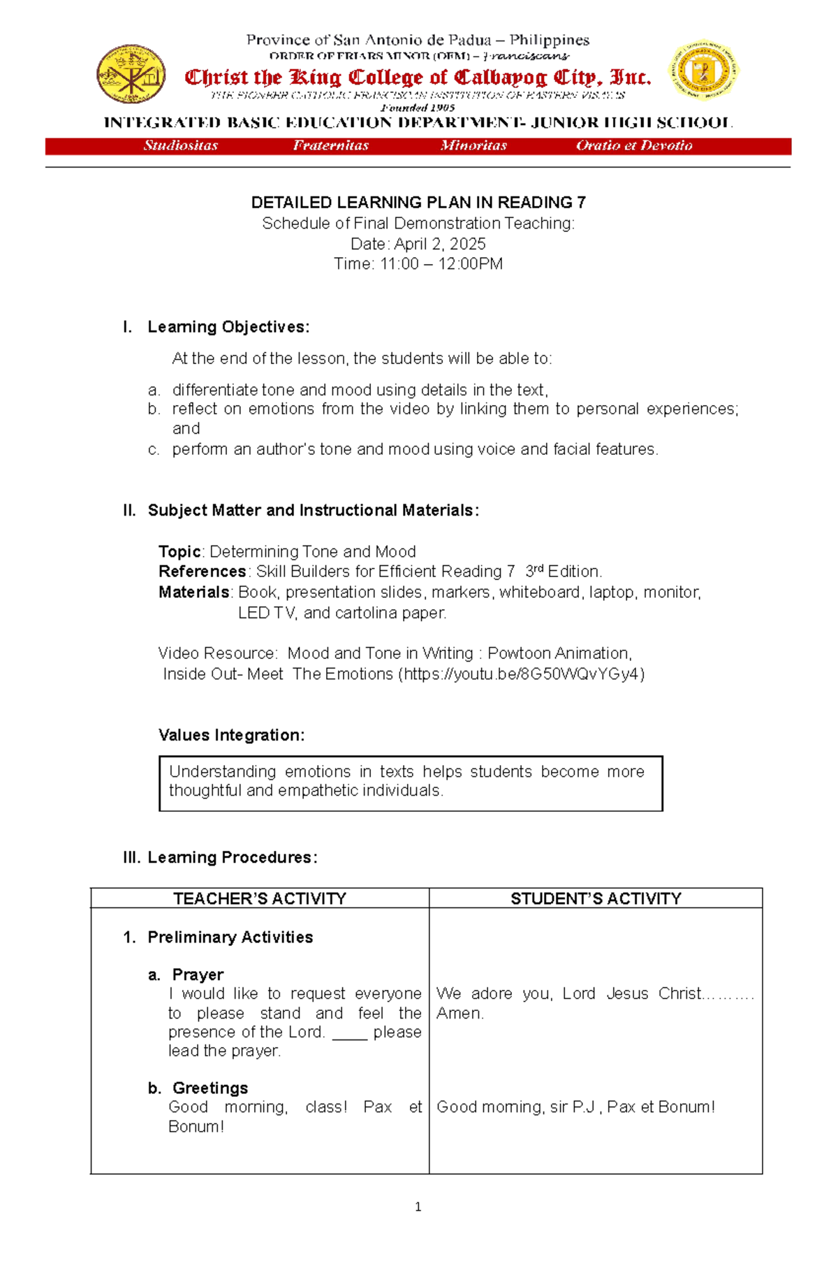 Reading 7 Final Lesson Plan: Differentiating Tone and Mood - Studocu