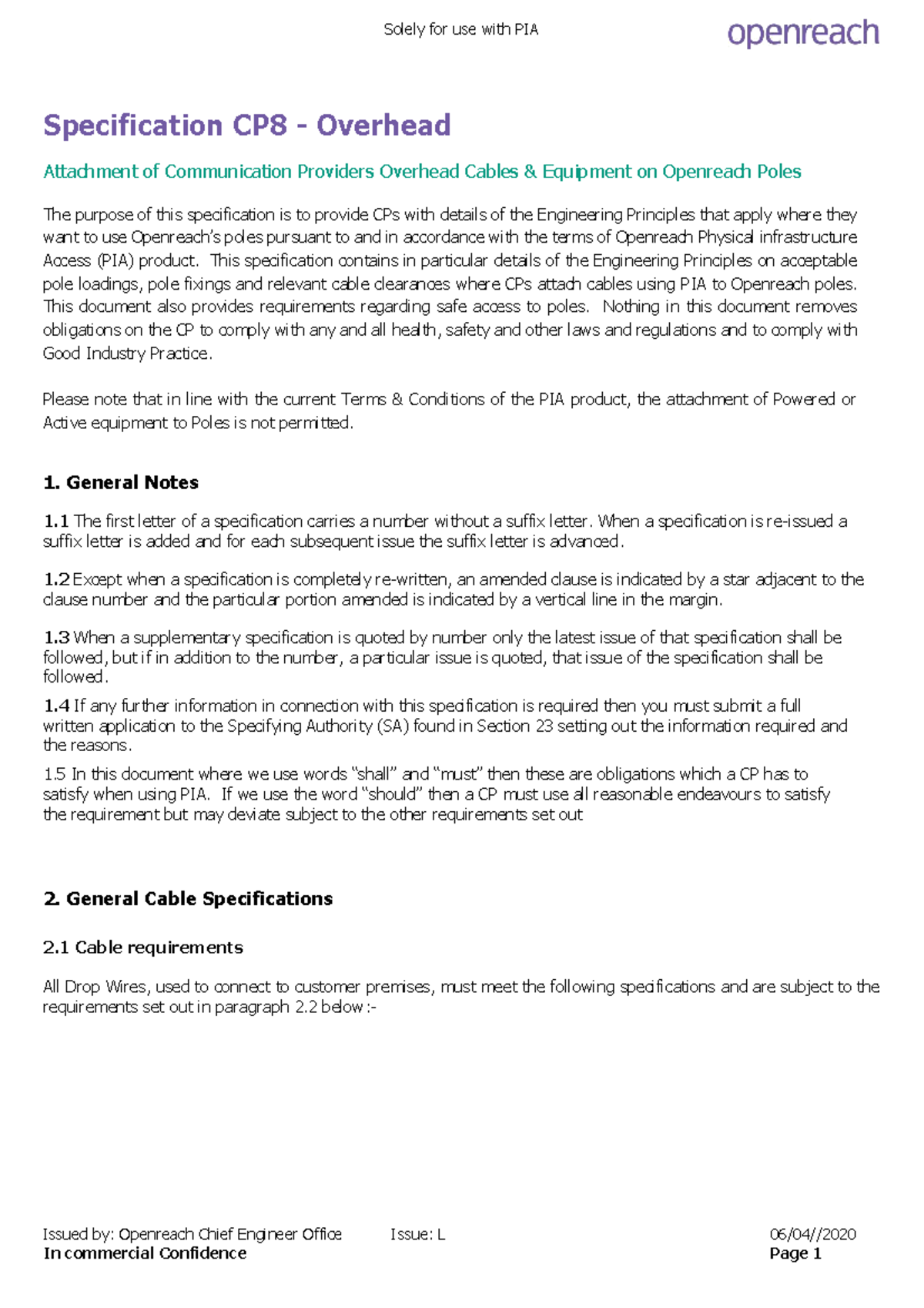 CP08 – Specification for Overhead Cable Attachments on Openreach Poles ...