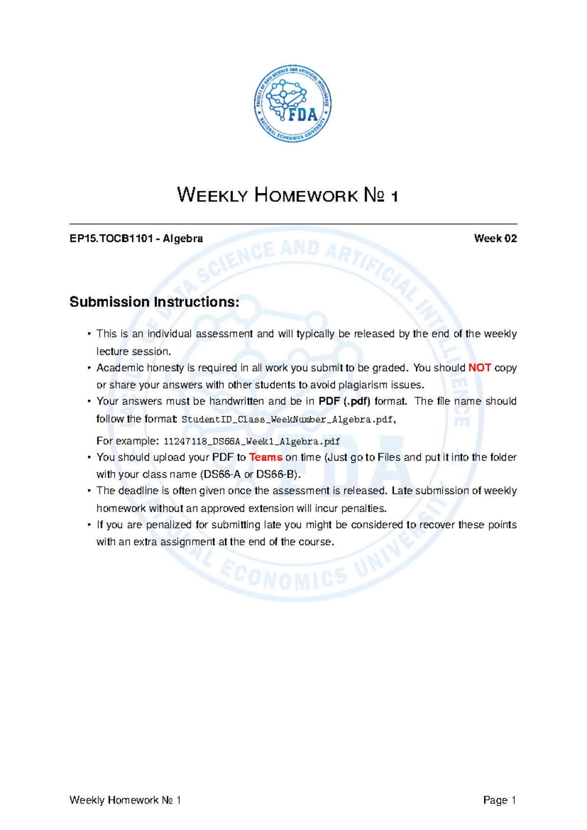 W H EP15.TOCB1101 Algebra Week 02 Homework Submission Guidelines - Studocu