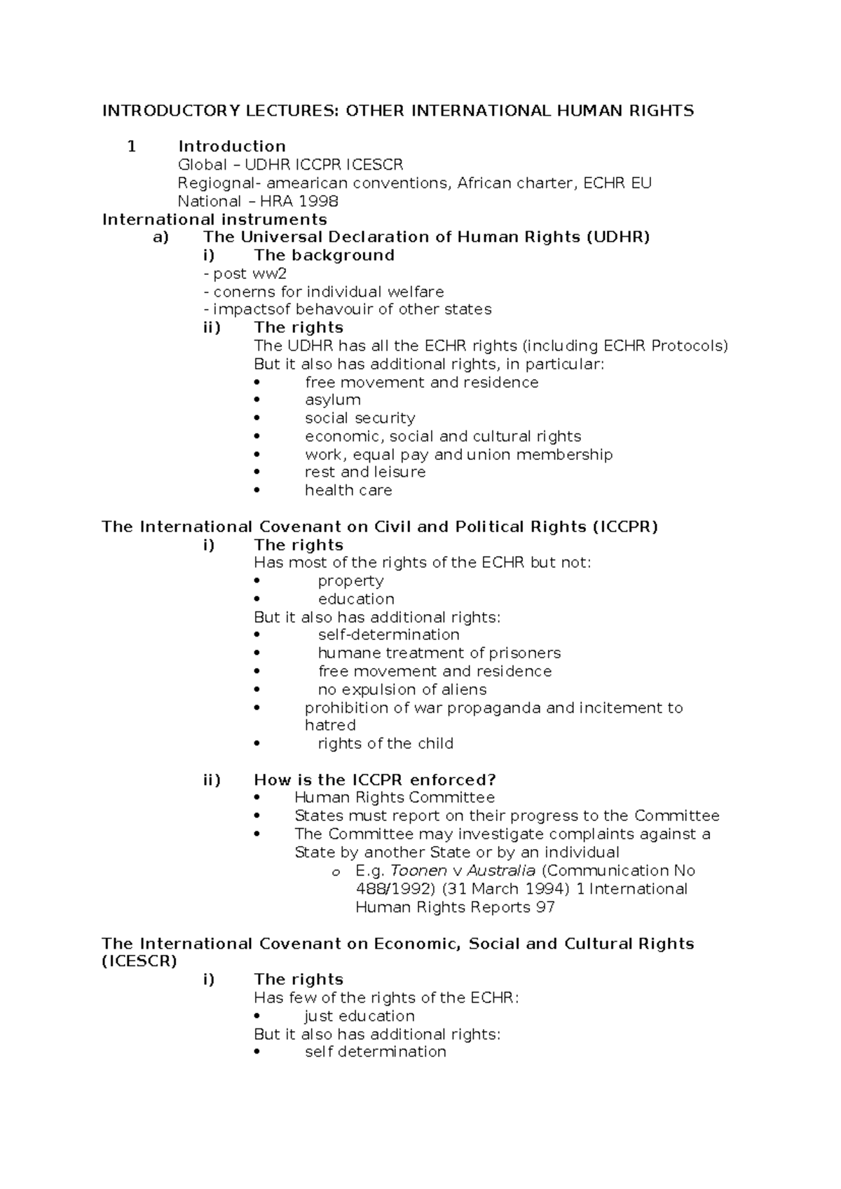 HR 4: Introductory Lectures on Other International Human Rights - Studocu
