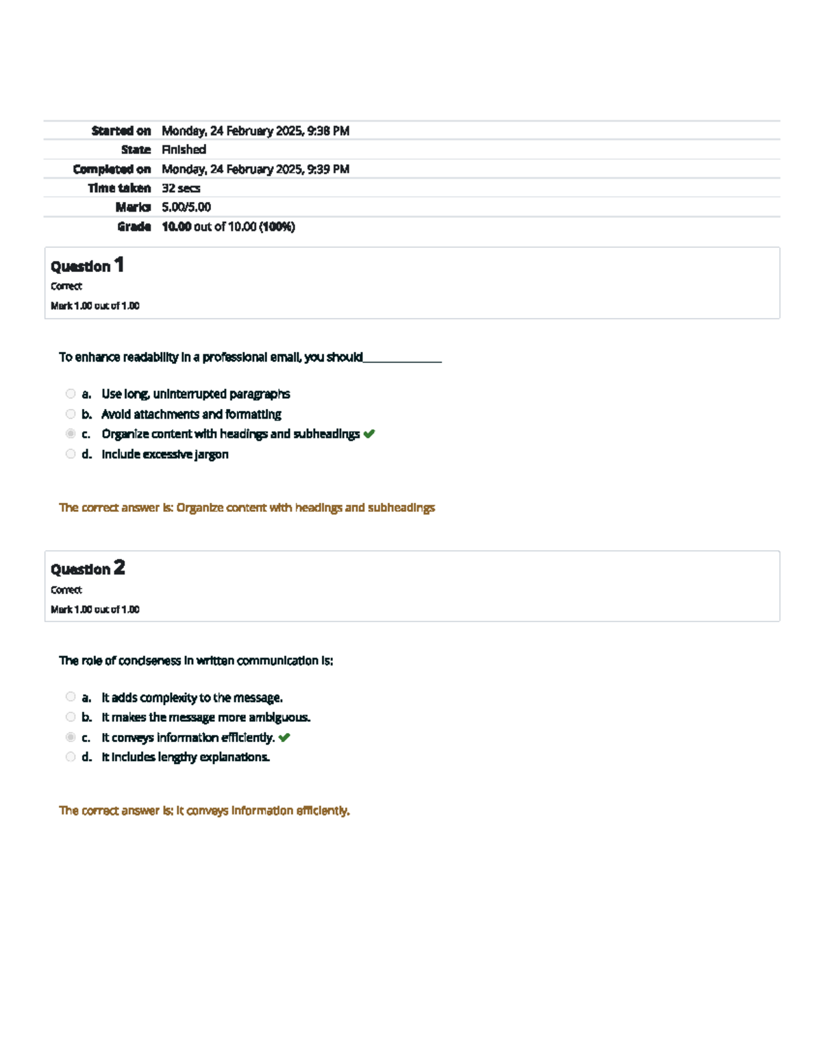 Professional Communication Self Quiz Unit 3: Clarity & Conciseness ...