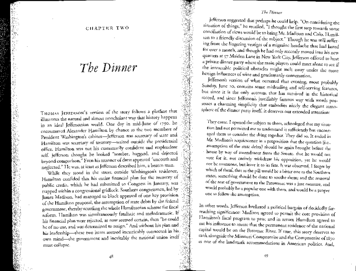 The Dinner: Jefferson, Madison, and the Compromise of 1790 - Studocu