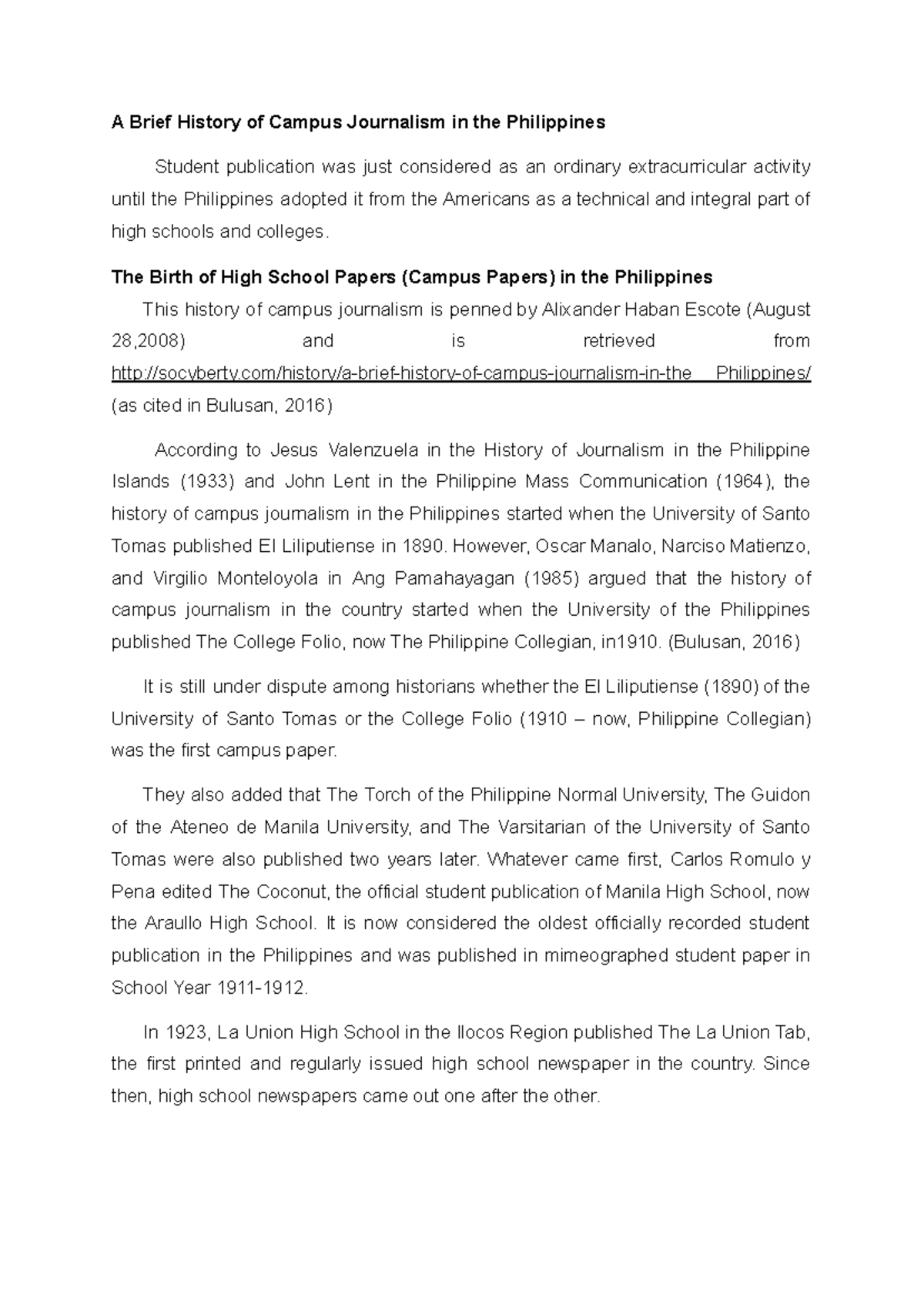 A Brief History of Campus Journalism in the Philippines: A Study - Studocu