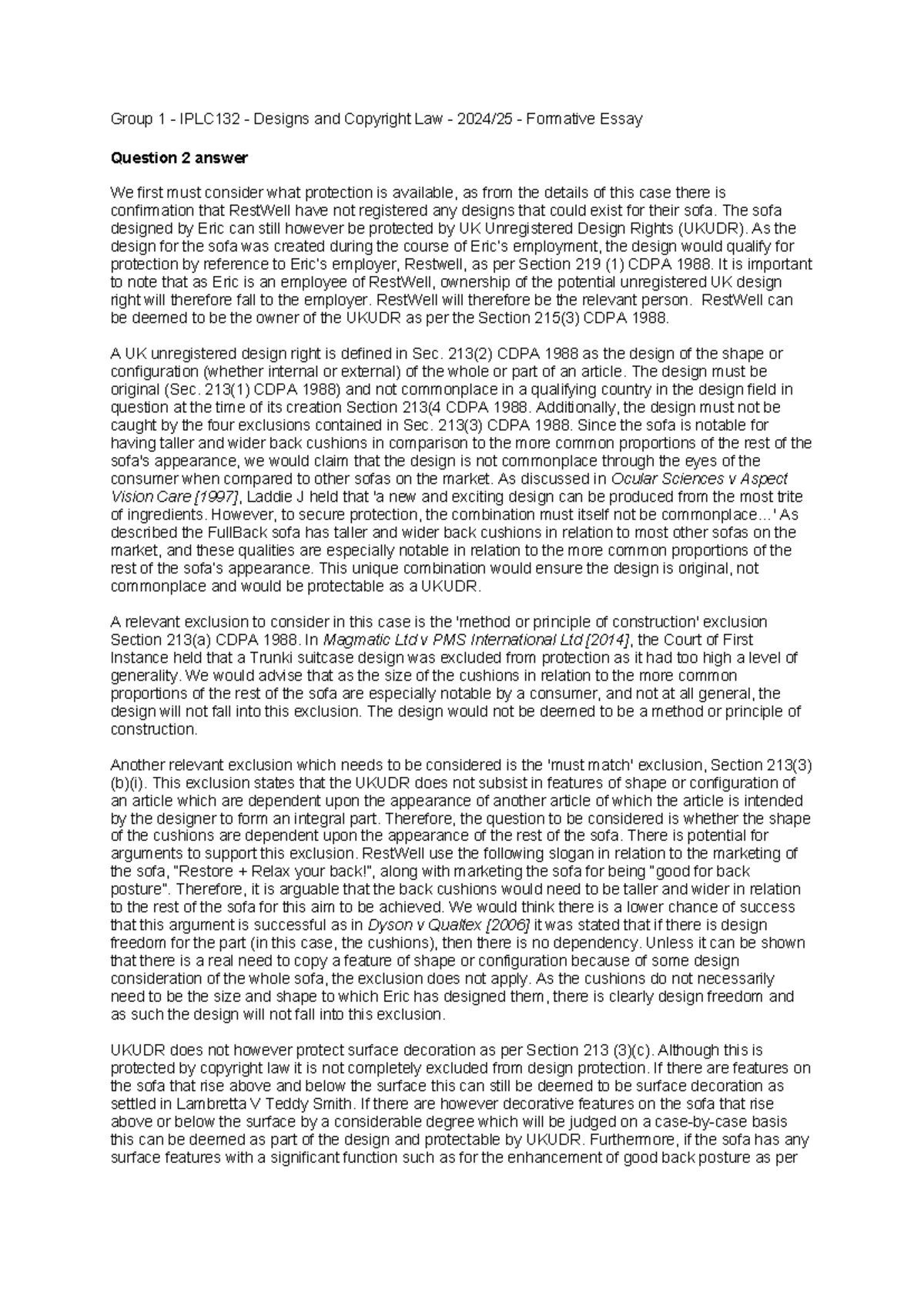 Formative Essay: Unregistered Designs in IPLC132 - Designs & Copyright ...