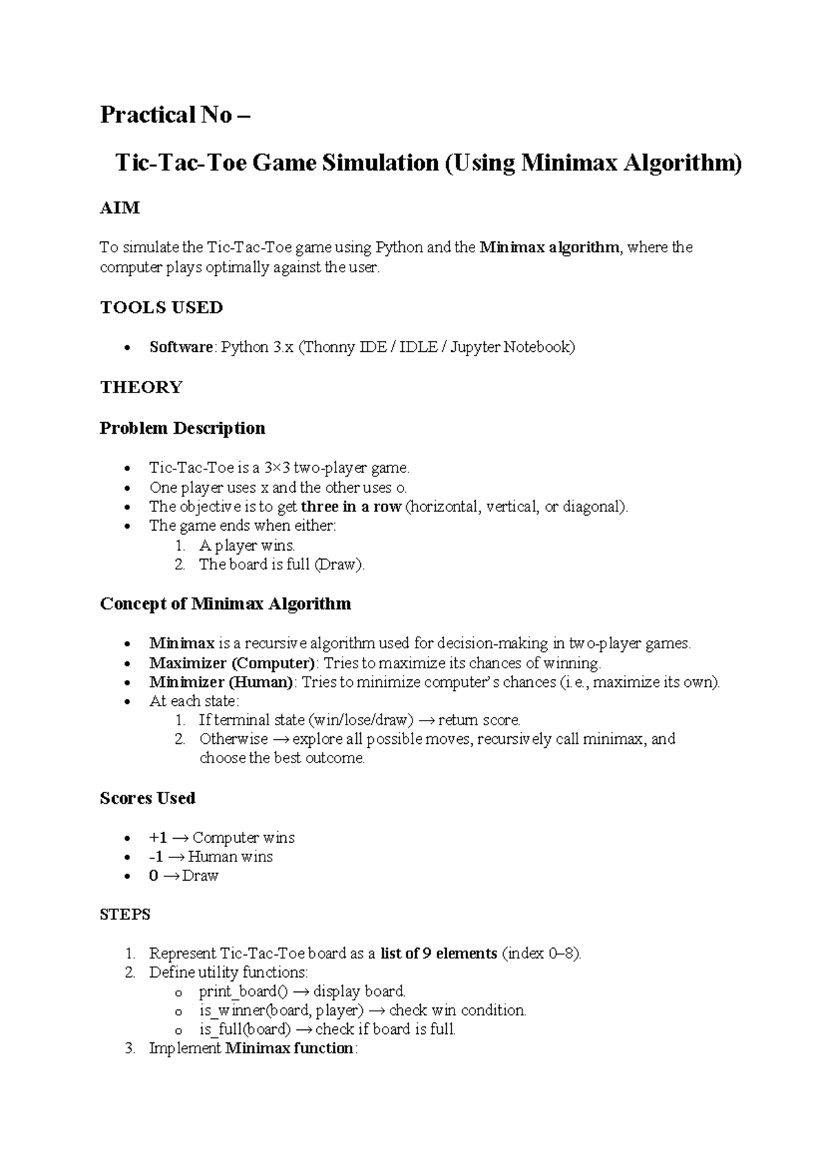 Practical CS101 Tic-Tac-Toe Game Simulation Using Minimax Algorithm ...