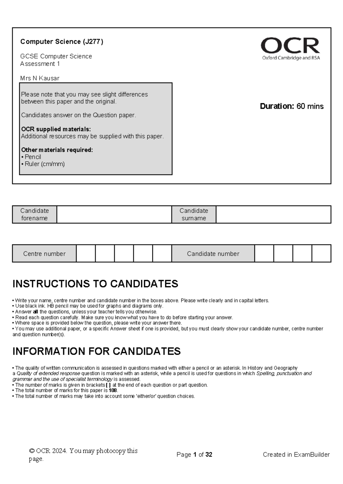 GCSE Computer Science Assessment 1 - Computer Science (J277) GCSE ...