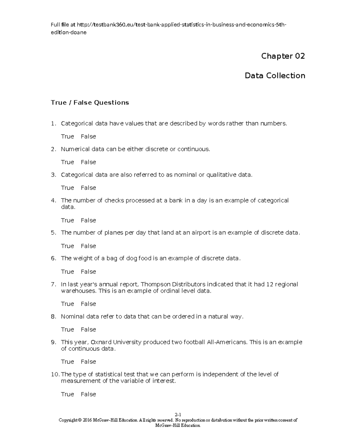 SB Test Bank: Chapter 02 - Data Collection True/False Questions - Studocu