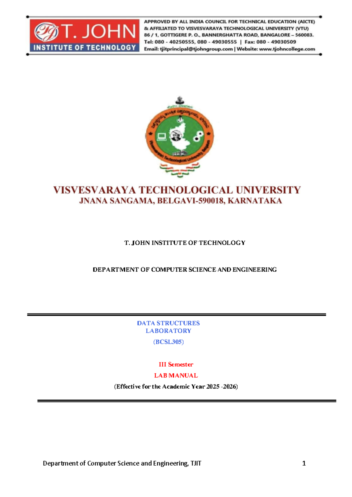 Data Structures Lab Manual (BCSL305) - TJIT - Studocu