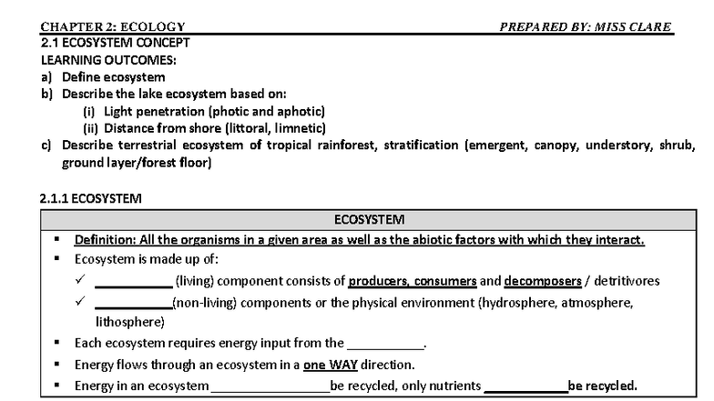 SB025 BIOLOGY CHAPTER 2: ECOLOGY - HANDOUTS AND LEARNING OUTCOMES - Studocu
