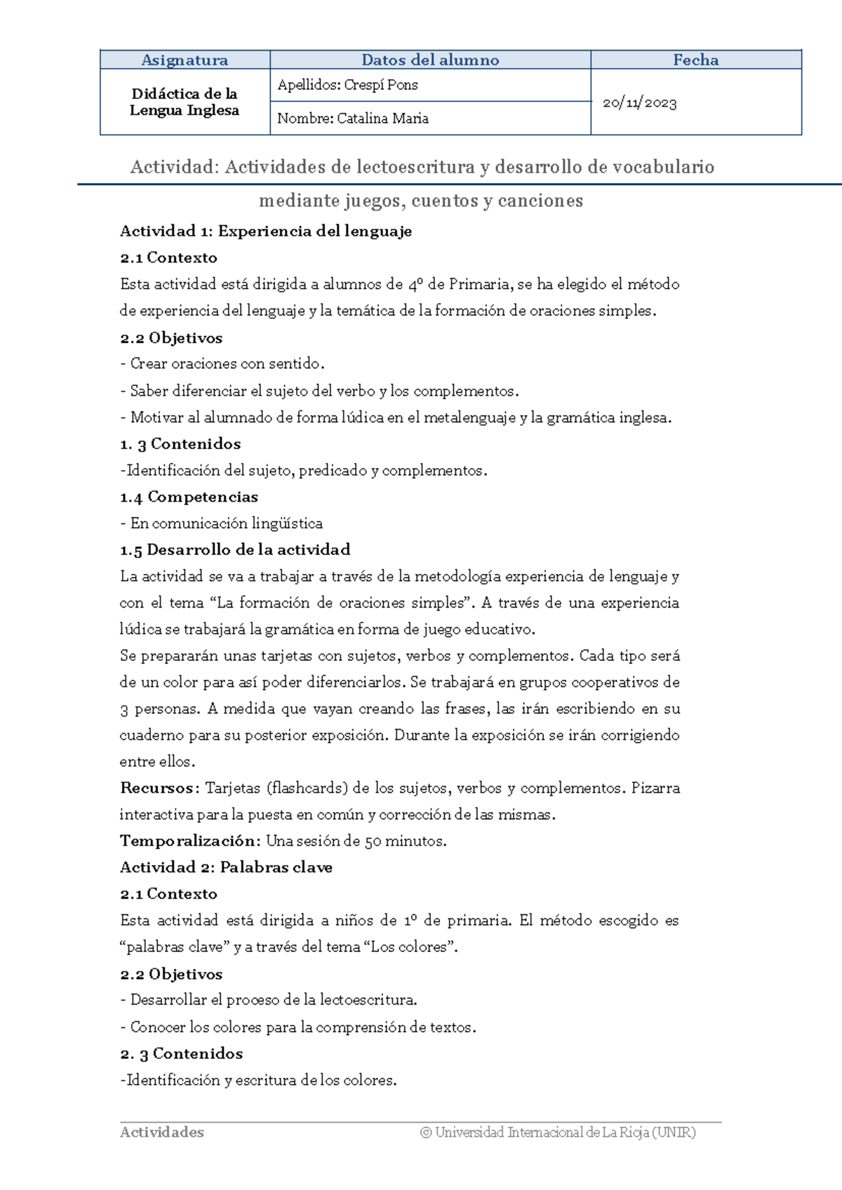 Actividad 2: Didáctica de la Lengua Inglesa para 1º y 4º de Primaria ...