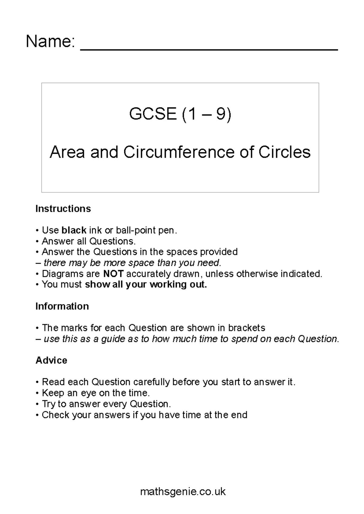 GCSE Maths - Area & Circumference of Circles Practice Questions - Studocu