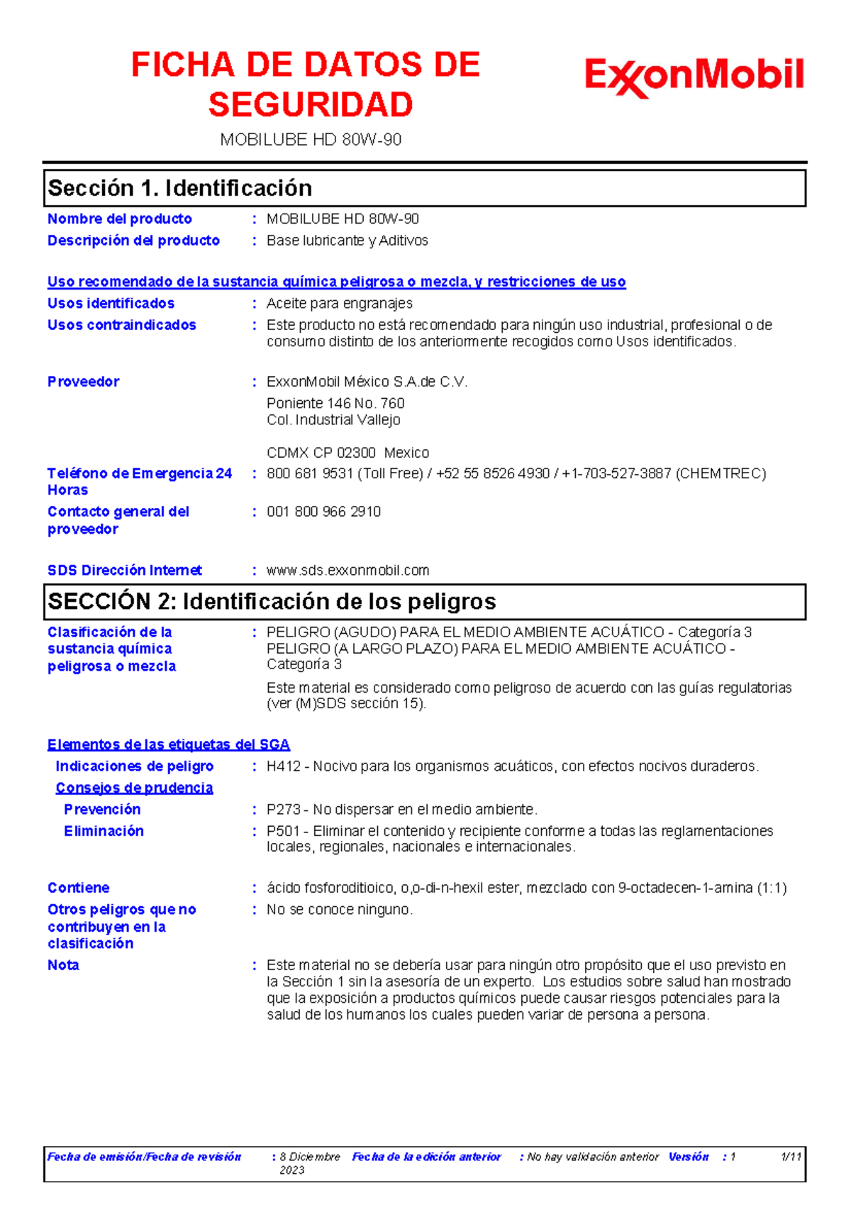 FICHA DE DATOS DE SEGURIDAD DEL MOBILUBE HD 80W-90 - Hoja Téc. - Studocu