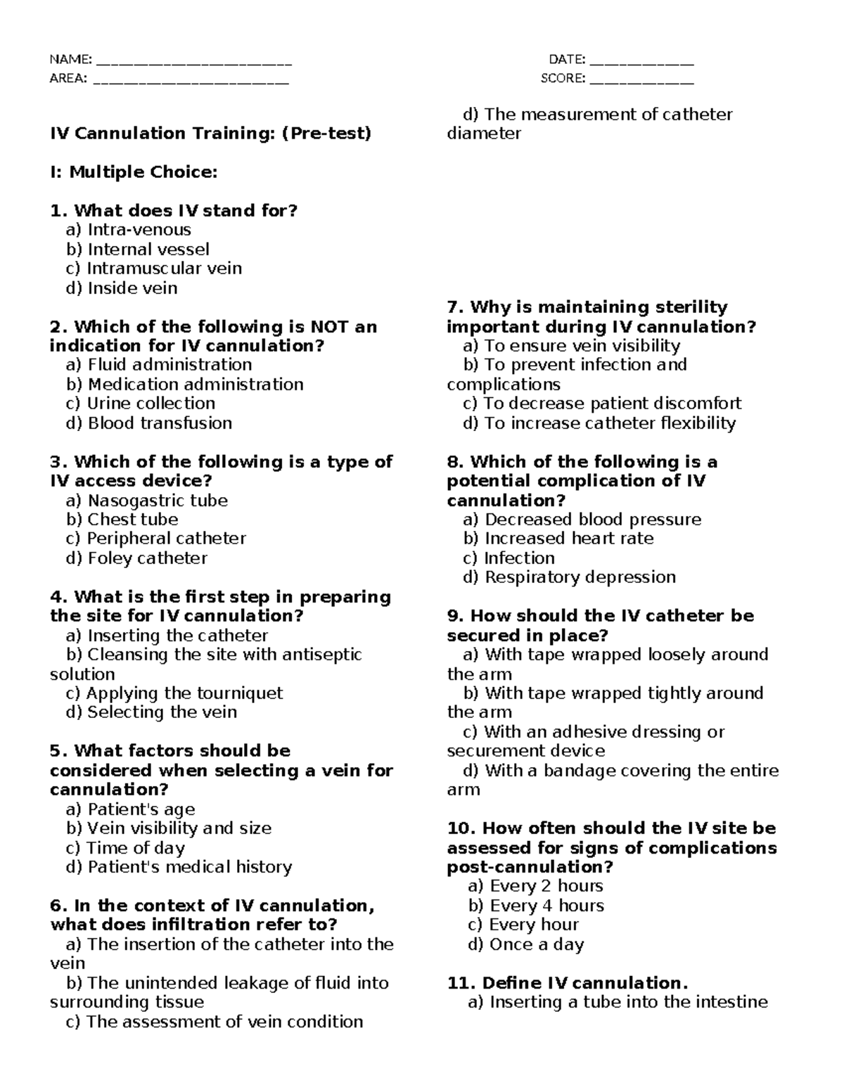 IV Cannulation Training Pretest - Assessment Quiz - Studocu