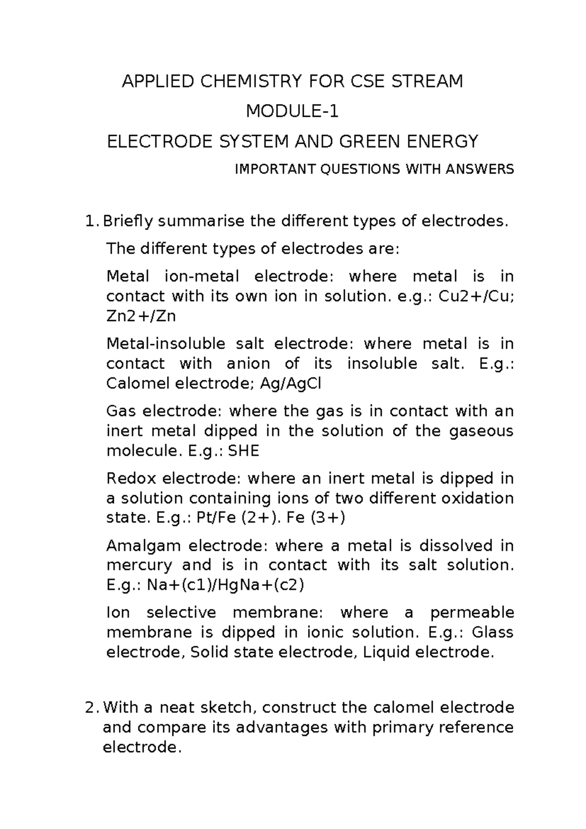 APPLIED CHEMISTRY CSE: ELECTRODE SYSTEM & GREEN ENERGY Q&A - Studocu
