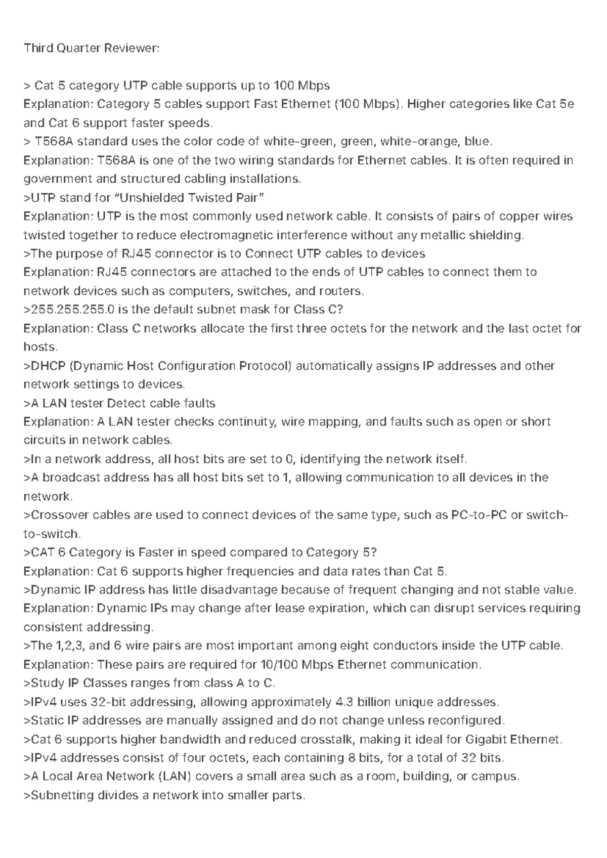 Third Quarter Reviewer: UTP Cable & Networking Concepts - Studocu